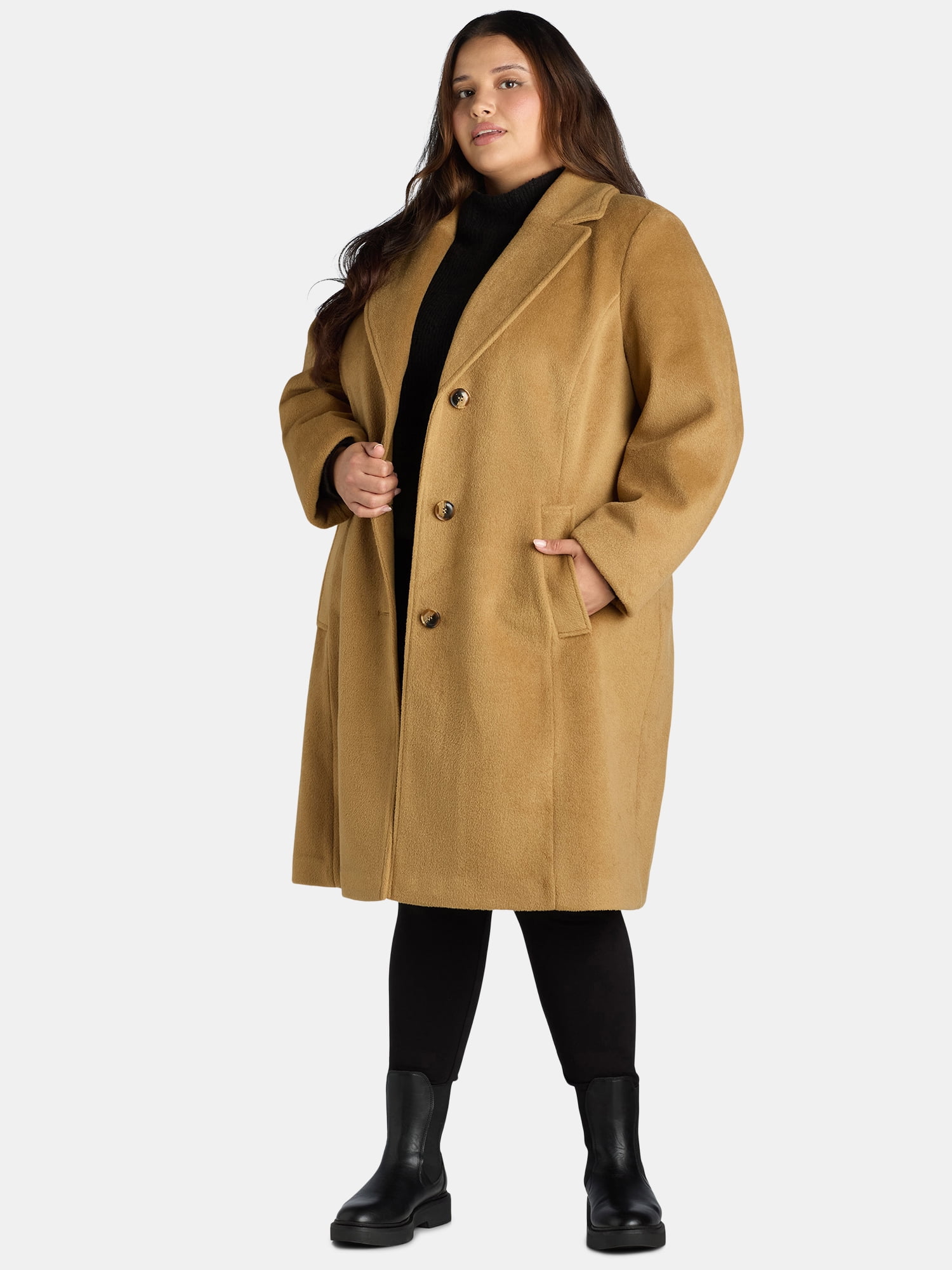 Time and Tru Women's and Women's Plus Faux Wool Solid Button Front Coat ...