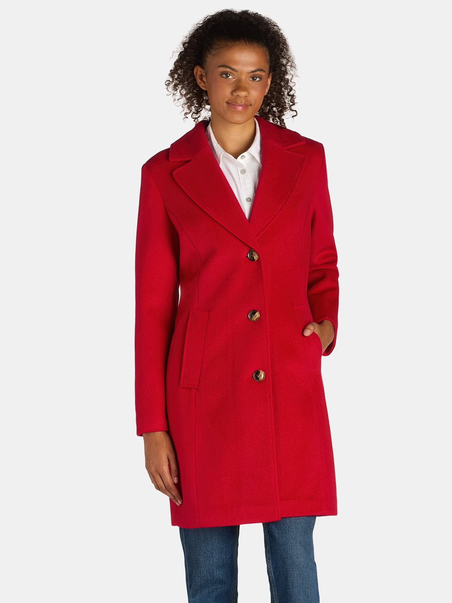 Time and Tru Women's and Women's Plus Faux Wool Solid Button Front Coat ...