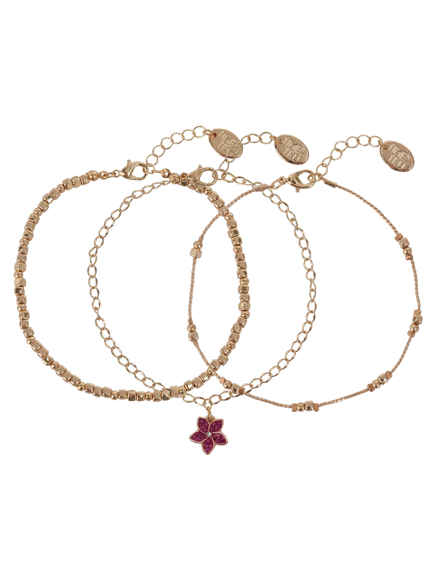 Time and Tru Female Adult Gold-Tone 3pc Flower Charm Anklet Set ...
