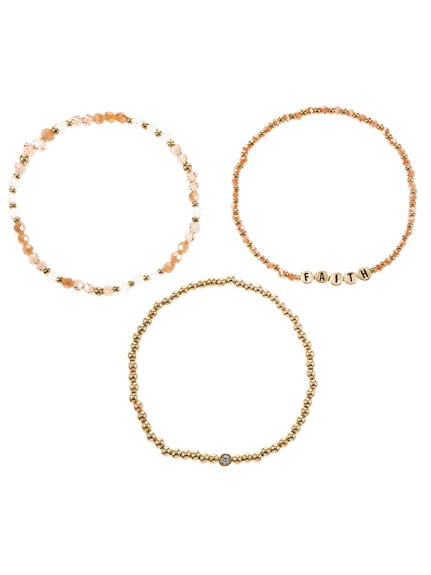Time and Tru Goldtone Beaded Stretch Bracelets, Faith Mantra, 3 Pieces ...