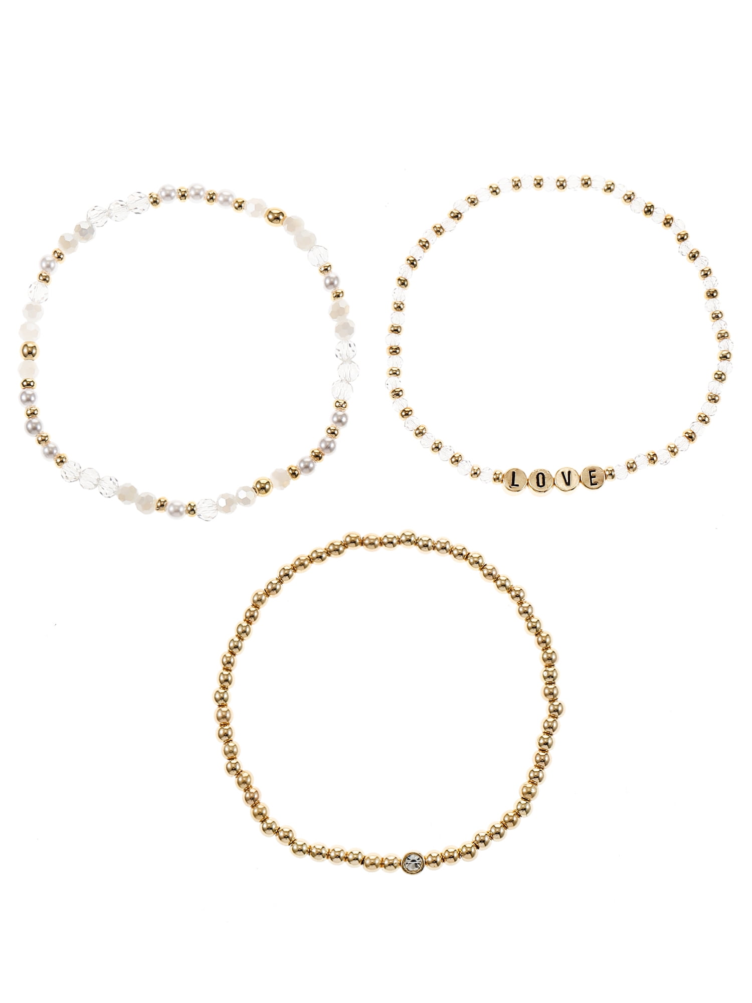Time and Tru Goldtone Beaded Stretch Bracelets, Love Mantra, 3 Pieces ...
