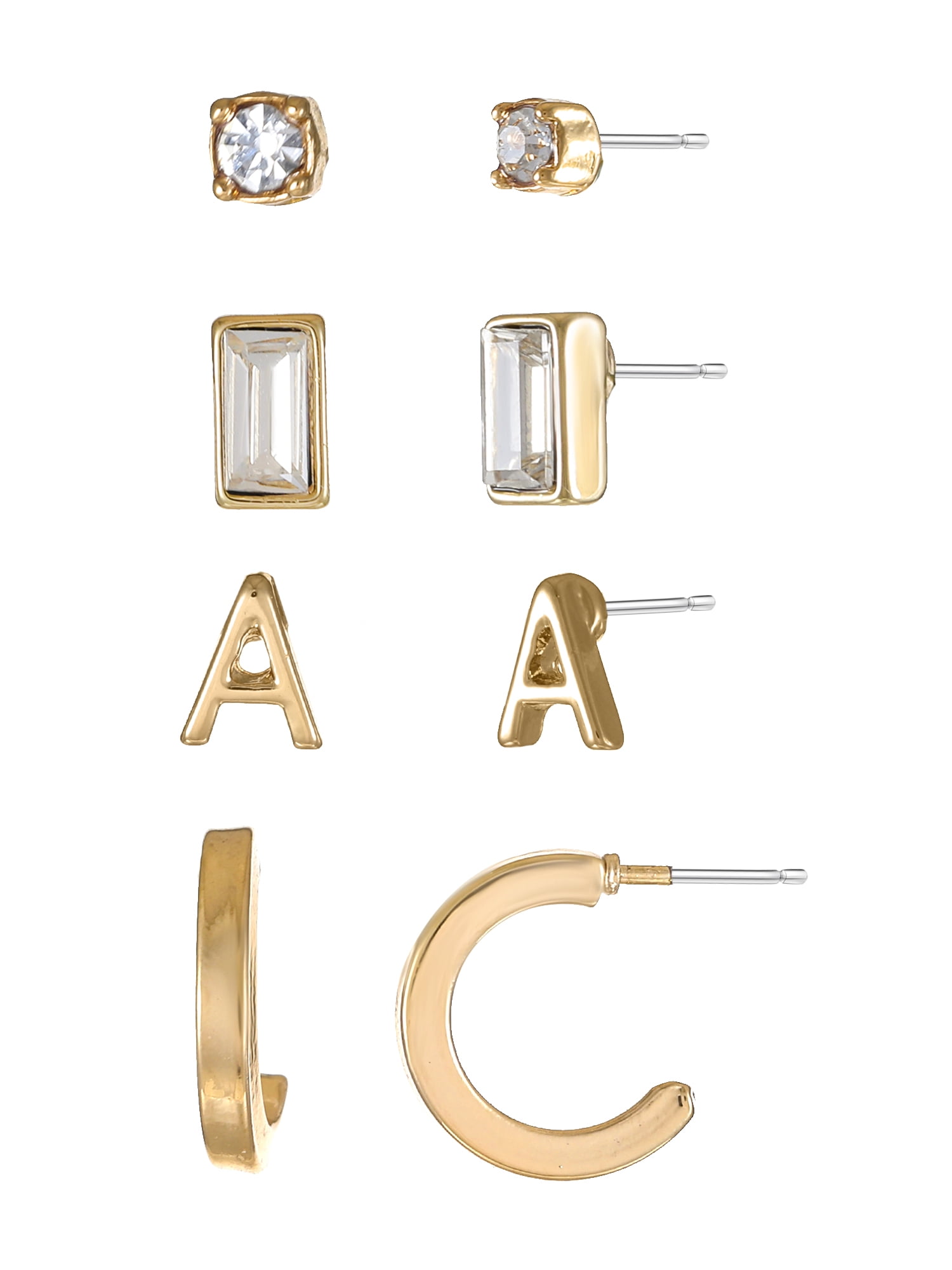 Time and Tru Goldtone Initial Letter Earring Set 4 Pairs Includes A CZ ...