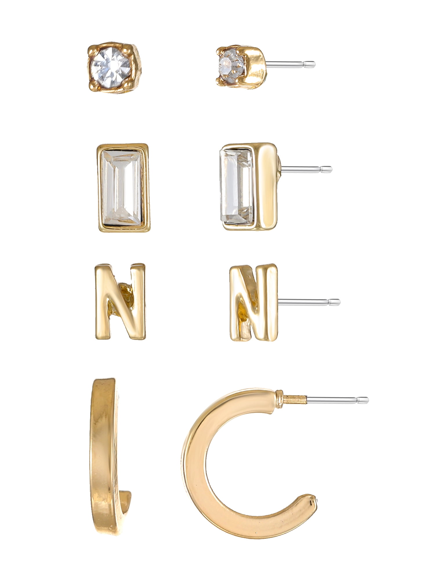 Time and Tru Goldtone Initial Letter Earring Set, 4 pairs, Letter N ...