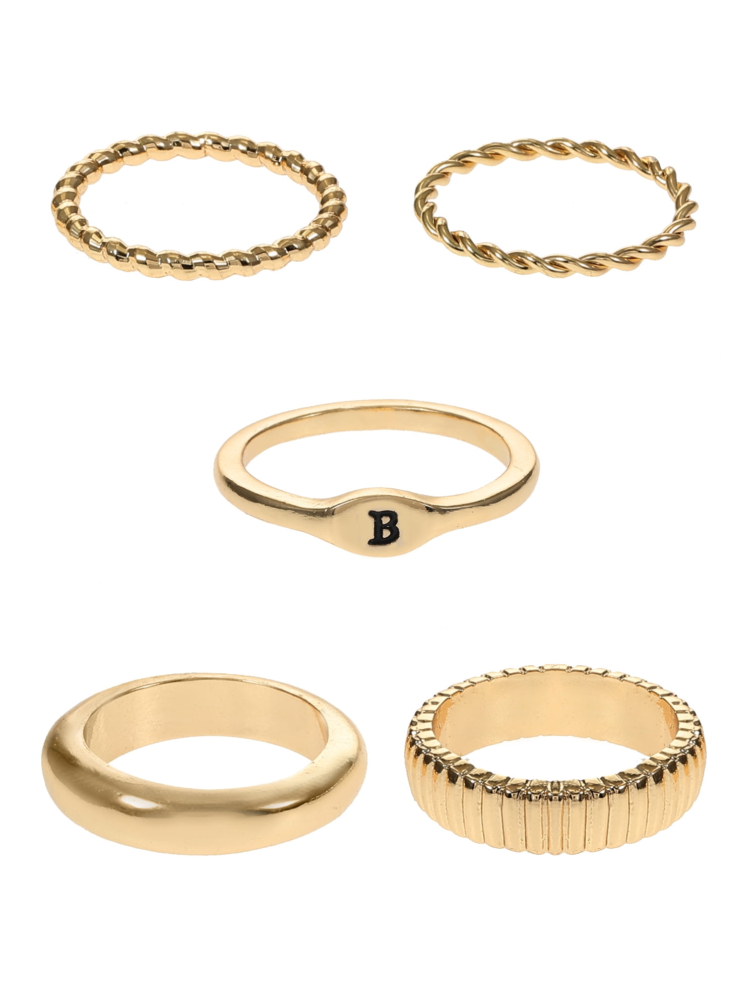 Time and Tru Goldtone Initial Letter Ring Set, 5 Piece, Size 7, Letter ...