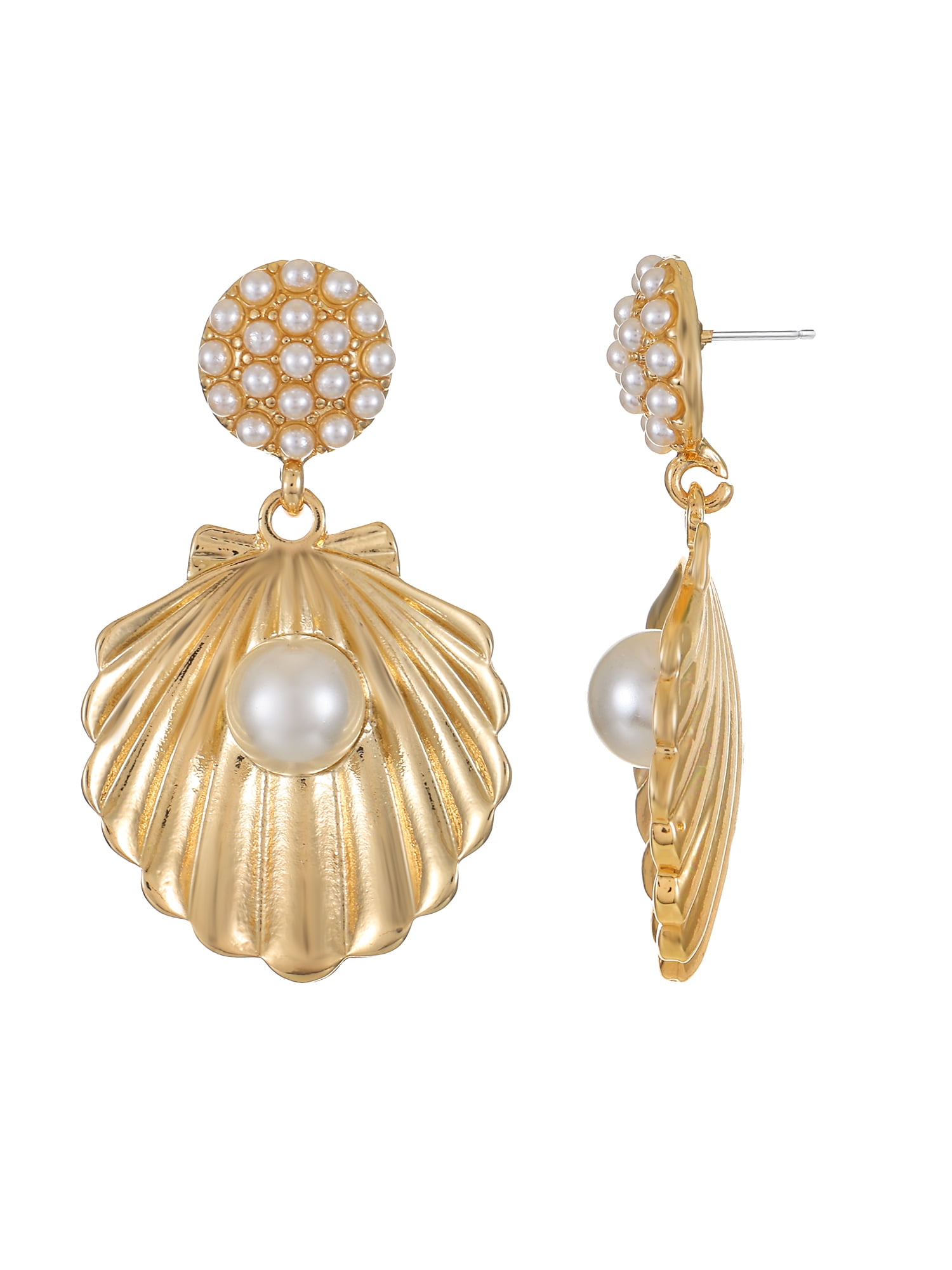 Time and Tru Goldtone Shell and Simulated Pearl Earring Pair Coastal ...