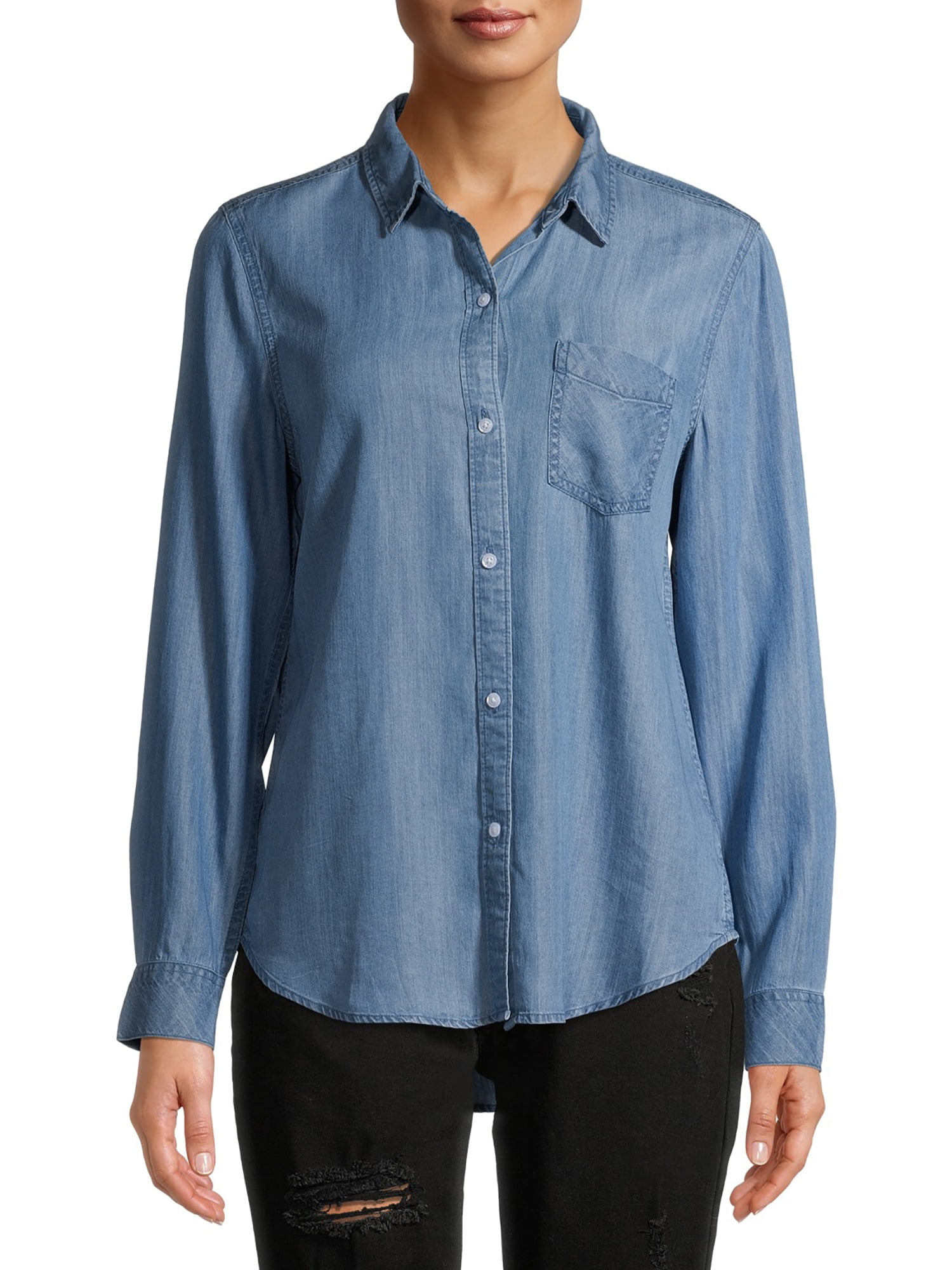 Time and Tru Long Sleeve Button Front Soft Shirt (Women's), 1 Pack ...