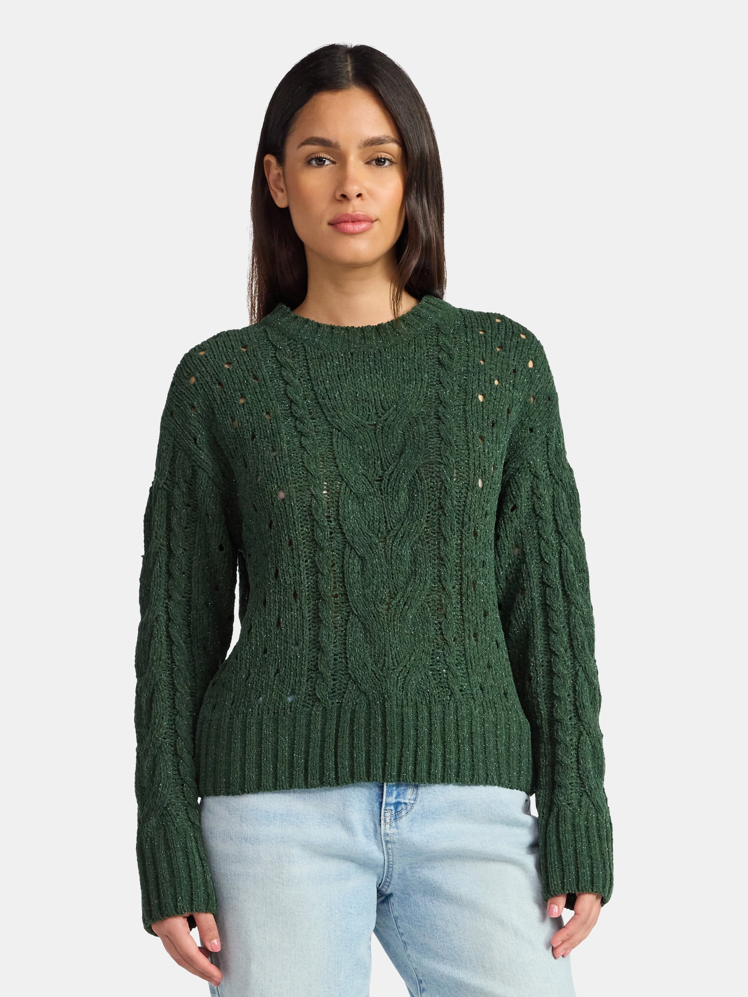 Time and Tru Women's Cable Knit Pullover Sweater with Long Sleeves ...