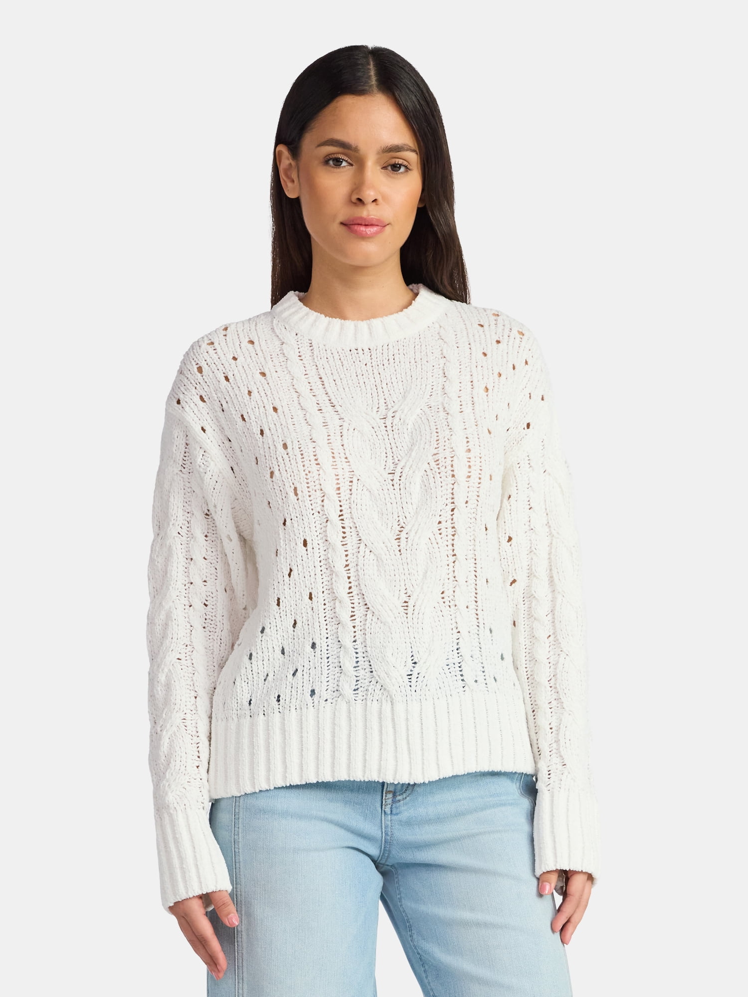 Time and Tru Women's Cable Knit Pullover Sweater with Long Sleeves ...