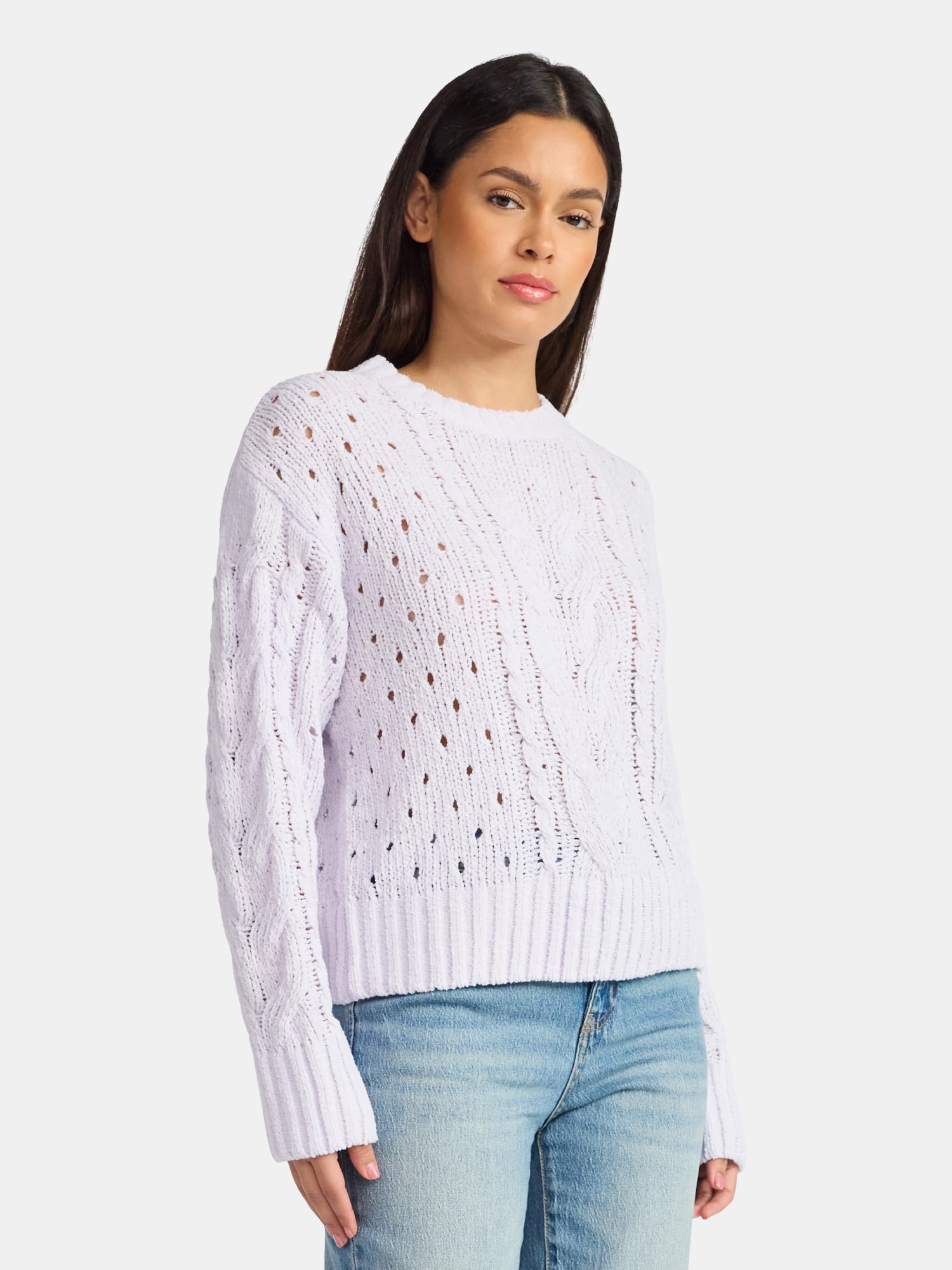 Time and Tru Women's Cable Knit Pullover Sweater with Long Sleeves ...
