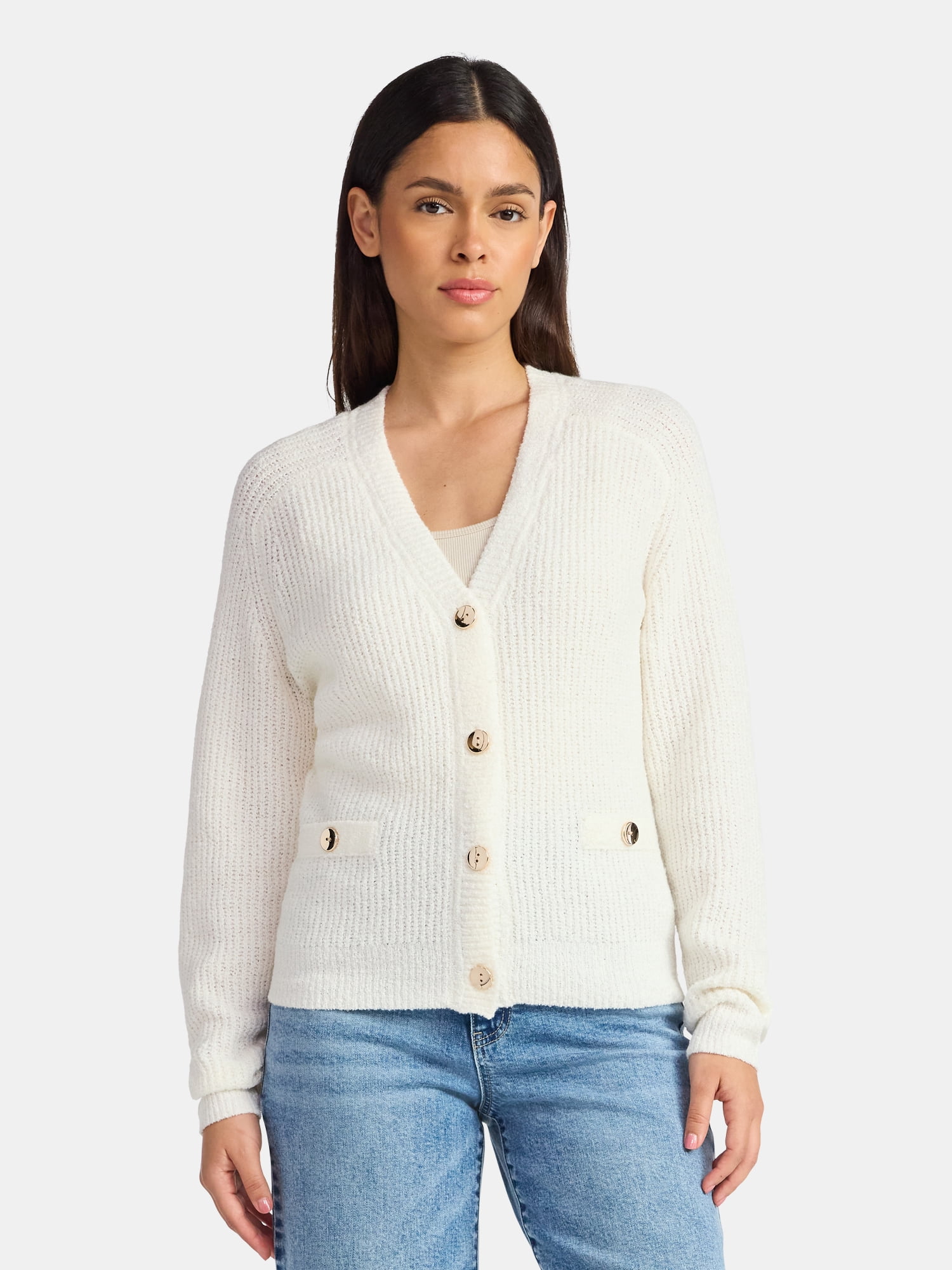 Time and Tru Women's V Neck Button Front Boucle Cardigan Sweater with ...