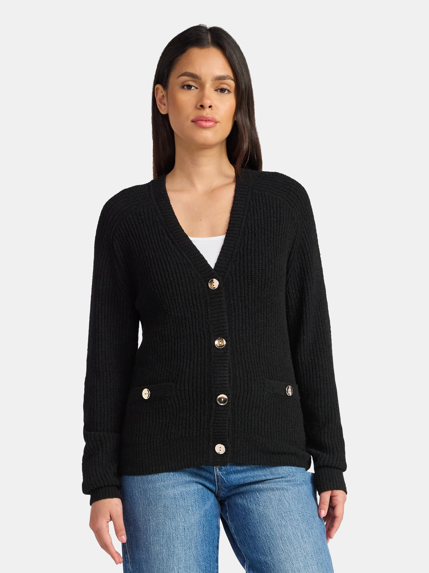 Time and Tru Women's V Neck Button Front Boucle Cardigan Sweater with ...