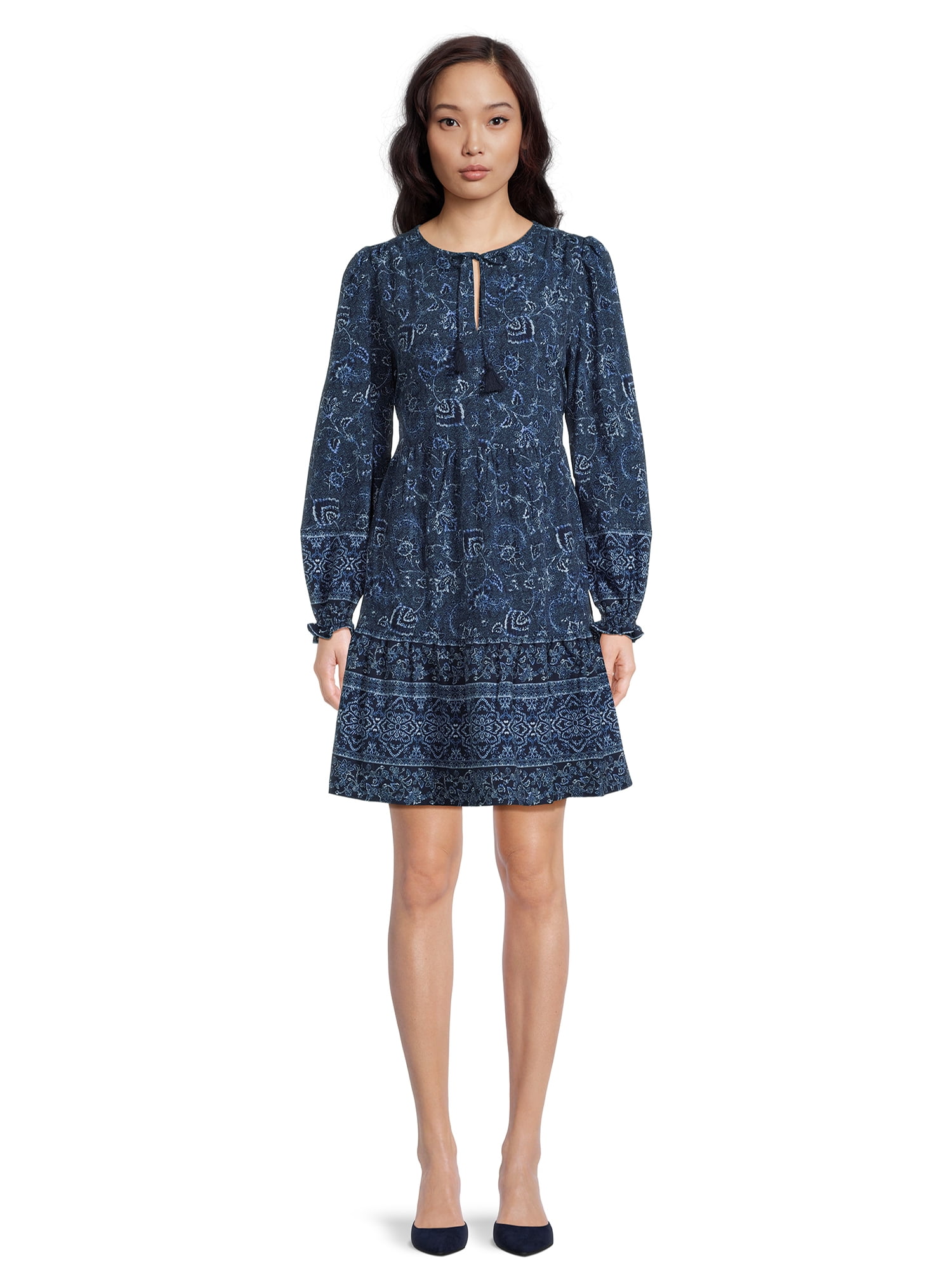 Time and Tru Women's Long Sleeve Border Print Dress with Pockets and ...