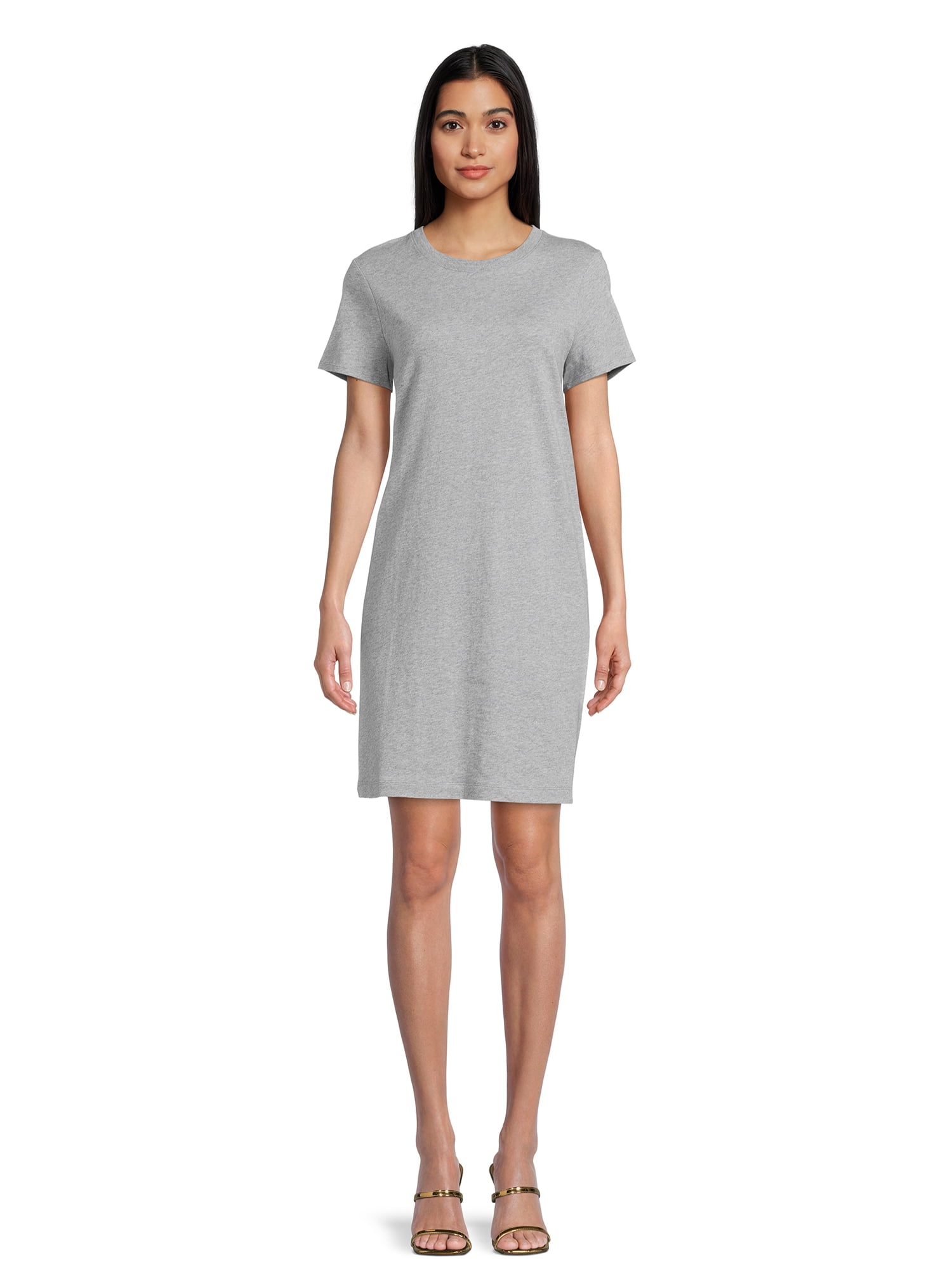 Time and Tru Women's Cotton Crewneck T-Shirt Dress, Med Grey Heather, Breathable Short Sleeve ...
