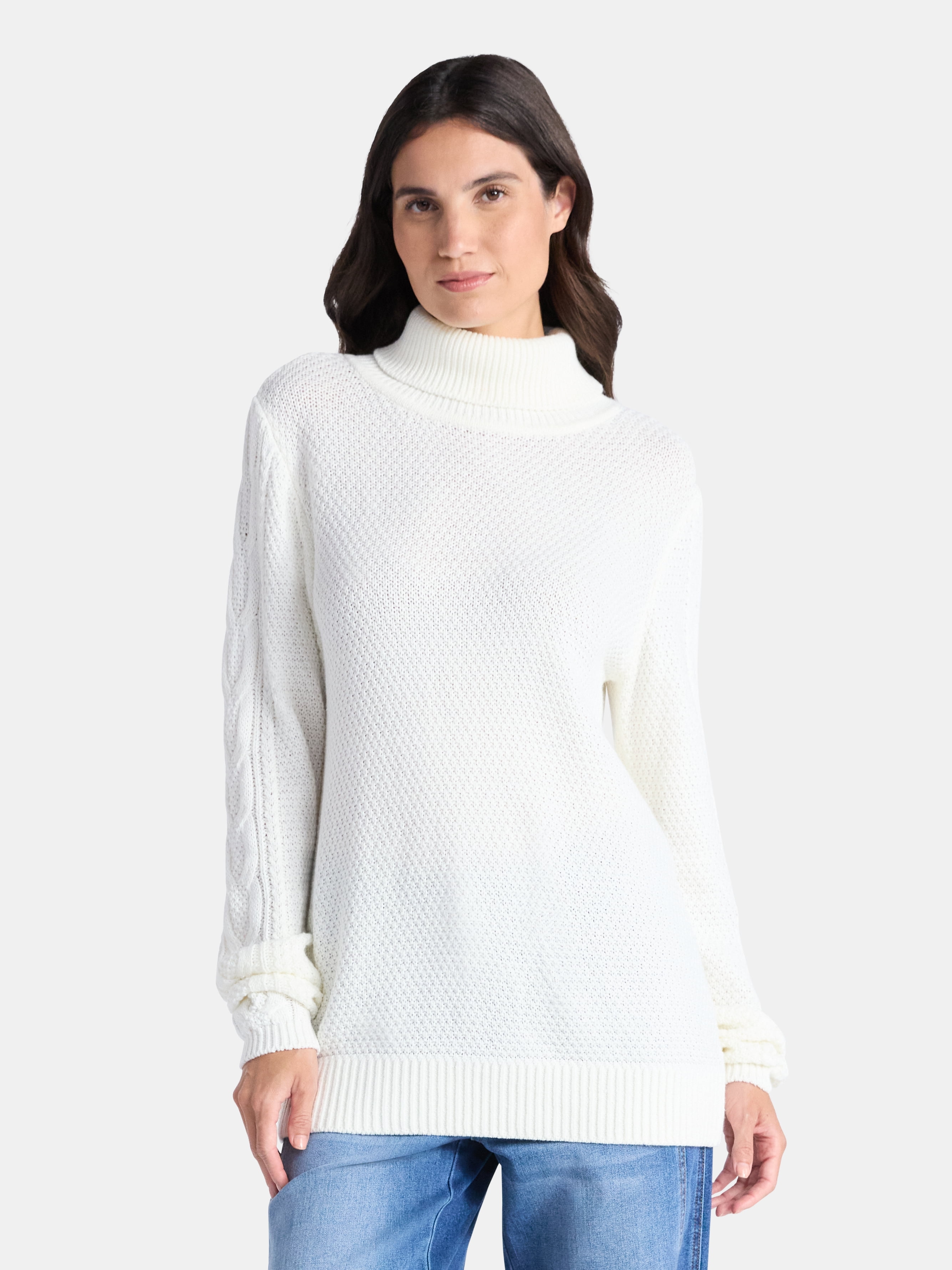 Time and Tru Women’s and Women’s Plus Turtleneck Sweater with Cable Sleeves, Midweight, Sizes XS ...