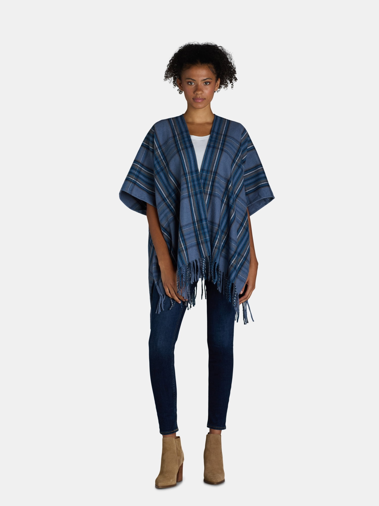 Time and Tru Women's Plaid Fashion Ruana, One Size, Blue - Walmart.com