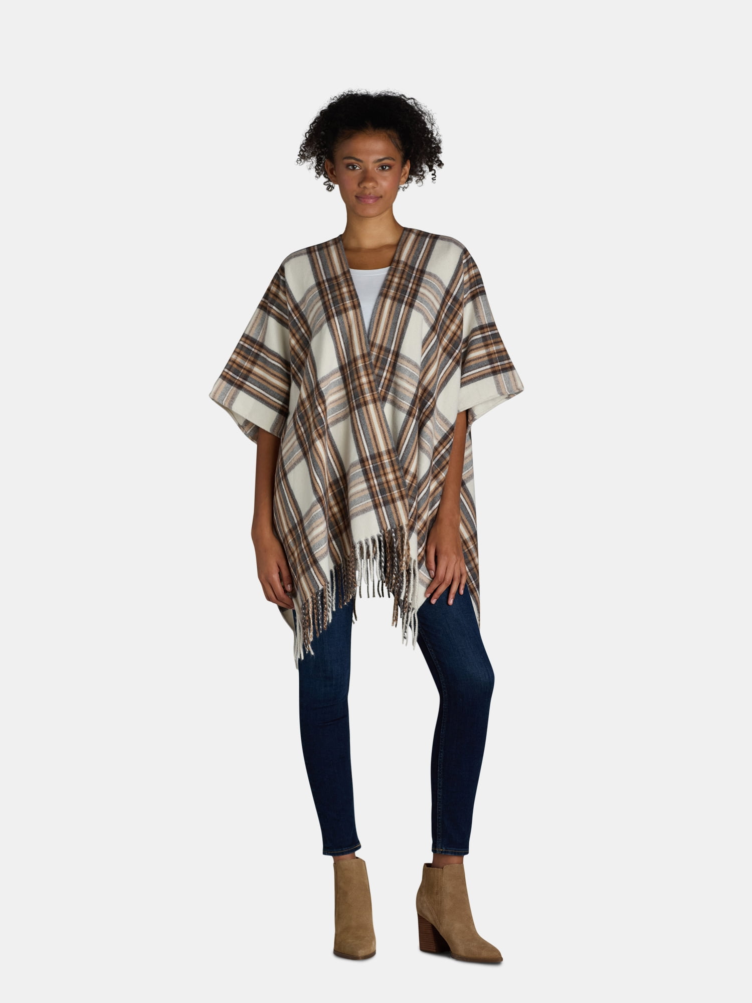 Time and Tru Women's Plaid Fashion Ruana, One Size, White - Walmart.com