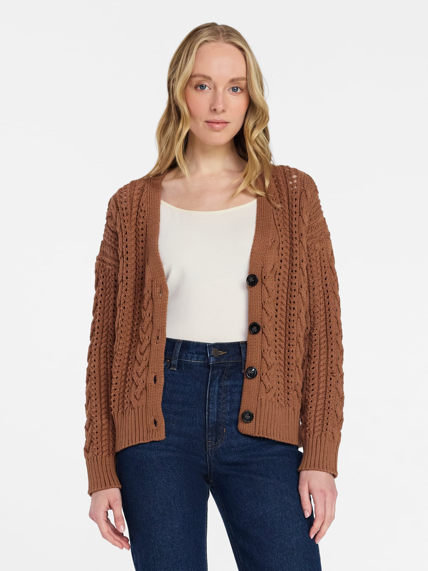 Time and Tru Women's Cable Knit Cardigan Sweater with Long Sleeves ...