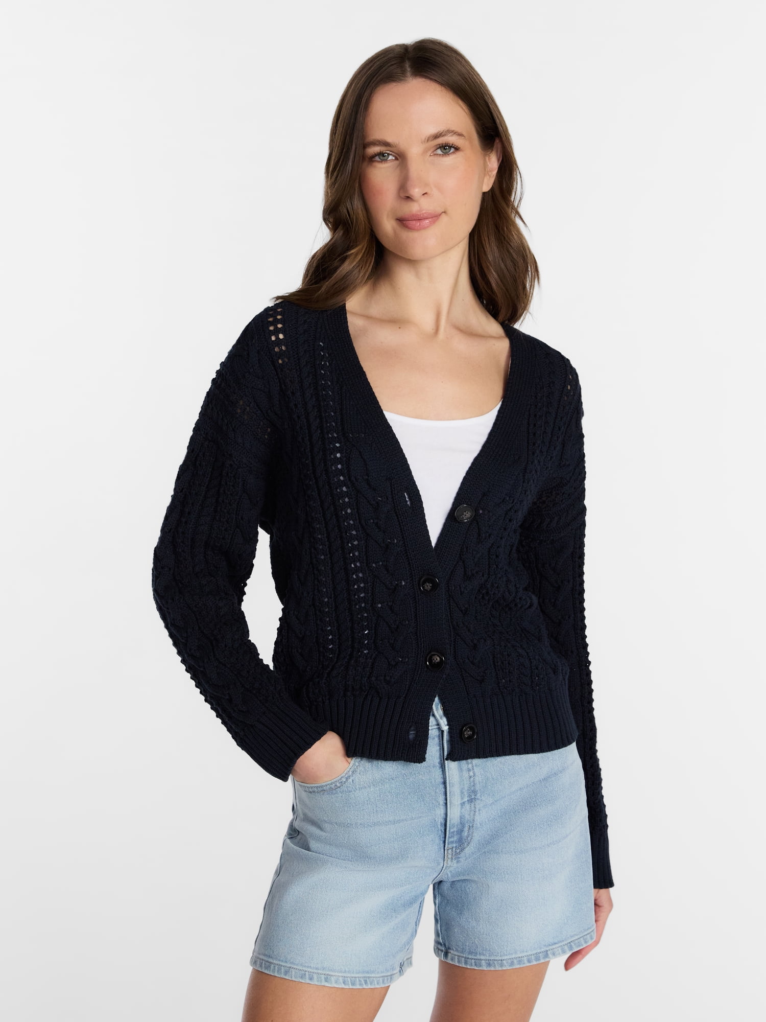 Time and Tru Women's Cable Knit Cardigan Sweater, Lightweight, Sizes XS ...