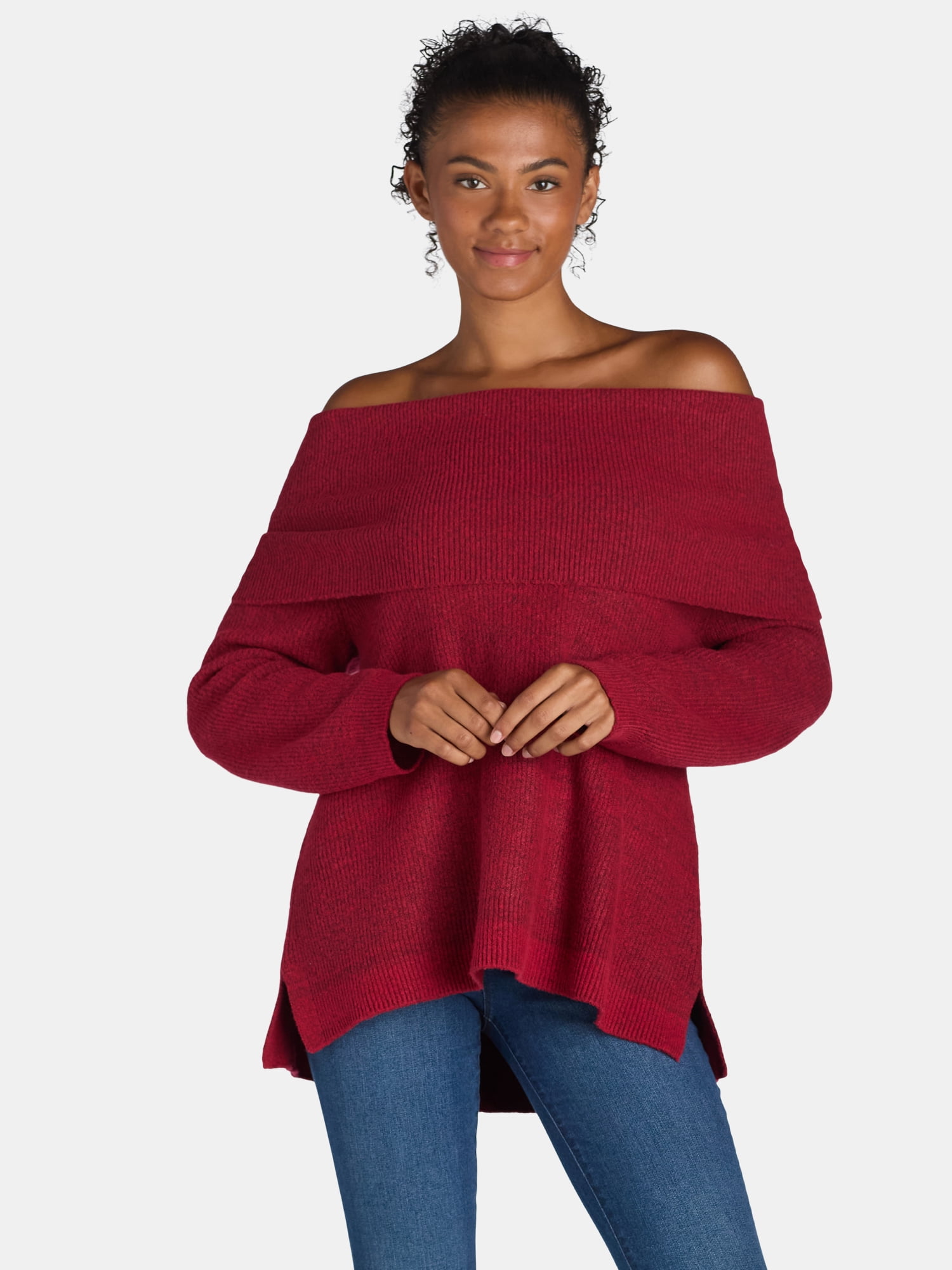 Time and Tru Women's and Women's Plus Off Shoulder Sweater, Sizes XS-4X ...