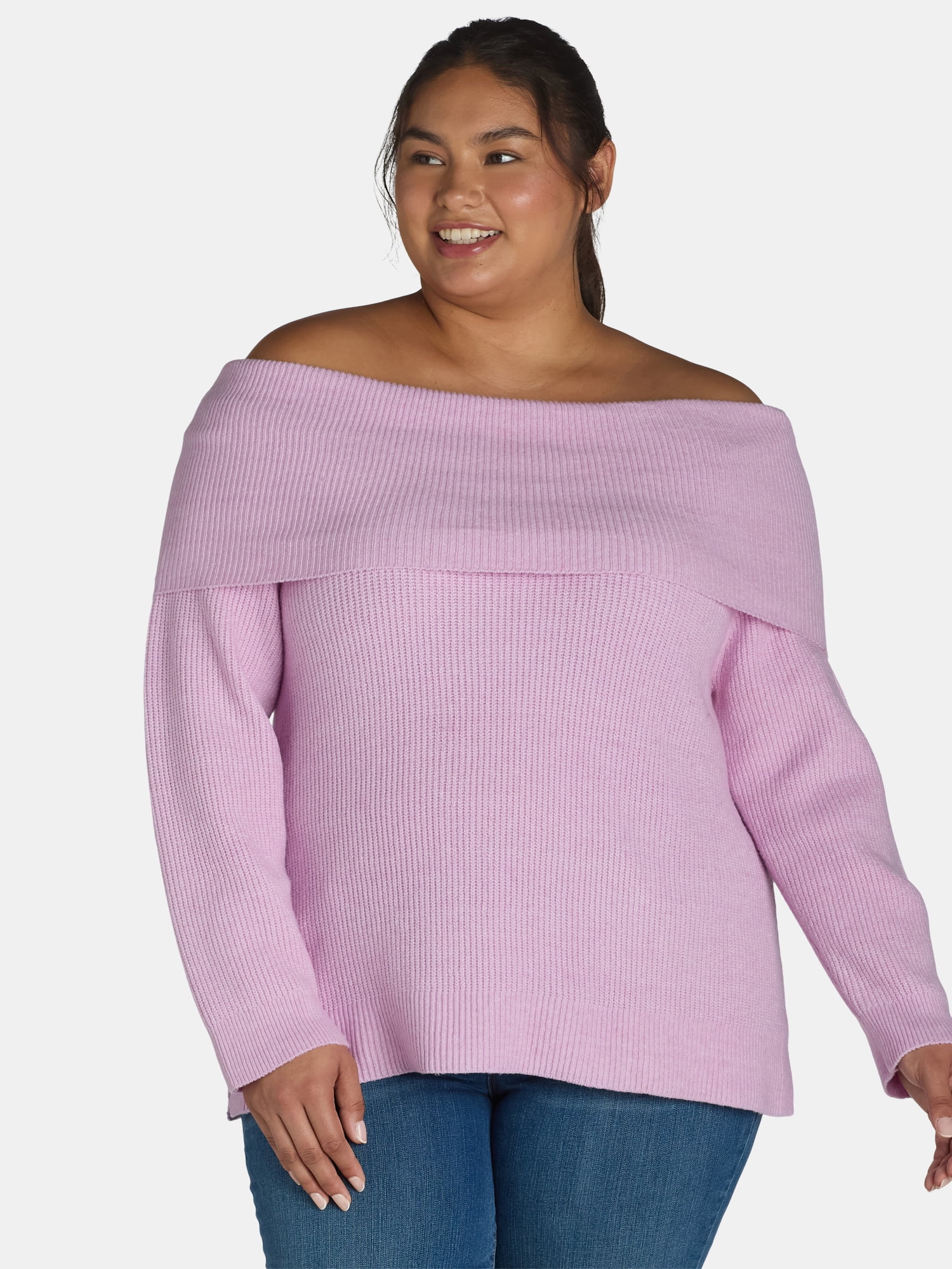 Time and Tru Women's and Women's Plus Off Shoulder Sweater, Sizes XS-4X ...