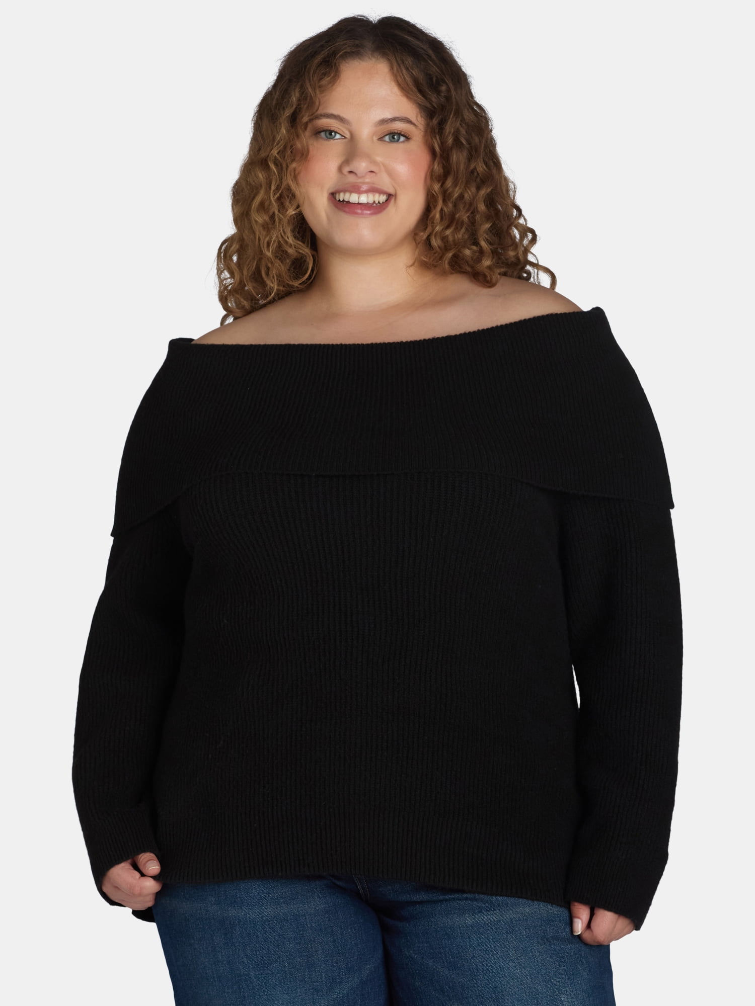 Time and Tru Women's and Women's Plus Off Shoulder Sweater, Sizes XS-4X ...
