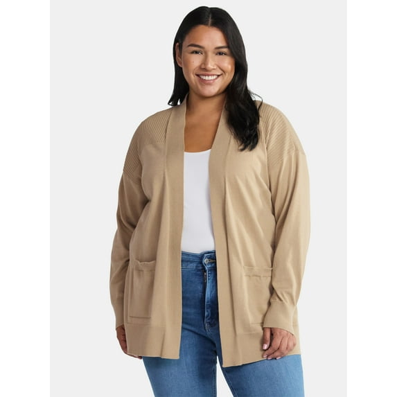 Time and Tru Women's and Women's Plus Ribbed Panel Open Front Cardigan ...