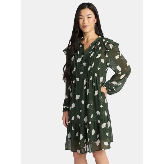 Time and Tru Women's Pintuck Mini Dress with Long Sleeves, Sizes XS ...