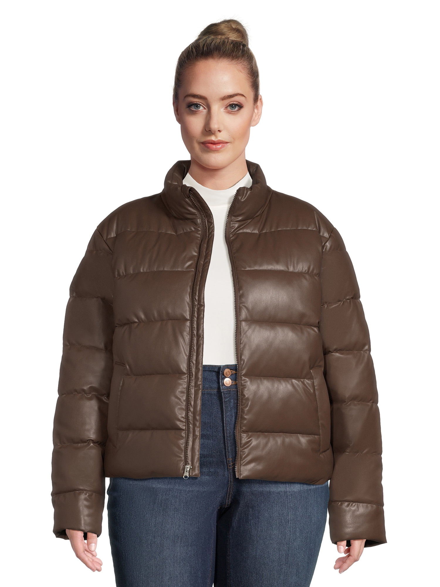 Time and Tru Plus Women's Short Faux Leather Puffer Jacket, Sizes XS-3X ...