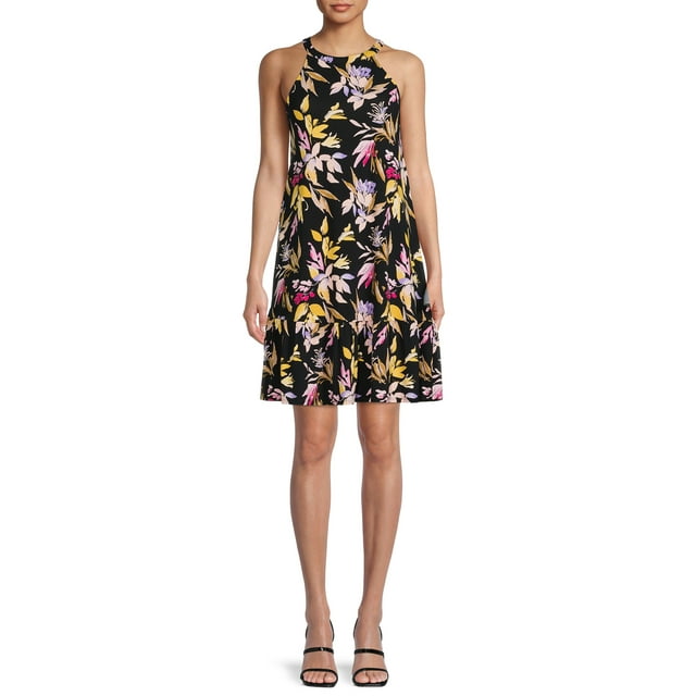 Time and Tru Printed Halter Flared Hem, 100% Polyester, Dress (Women's ...
