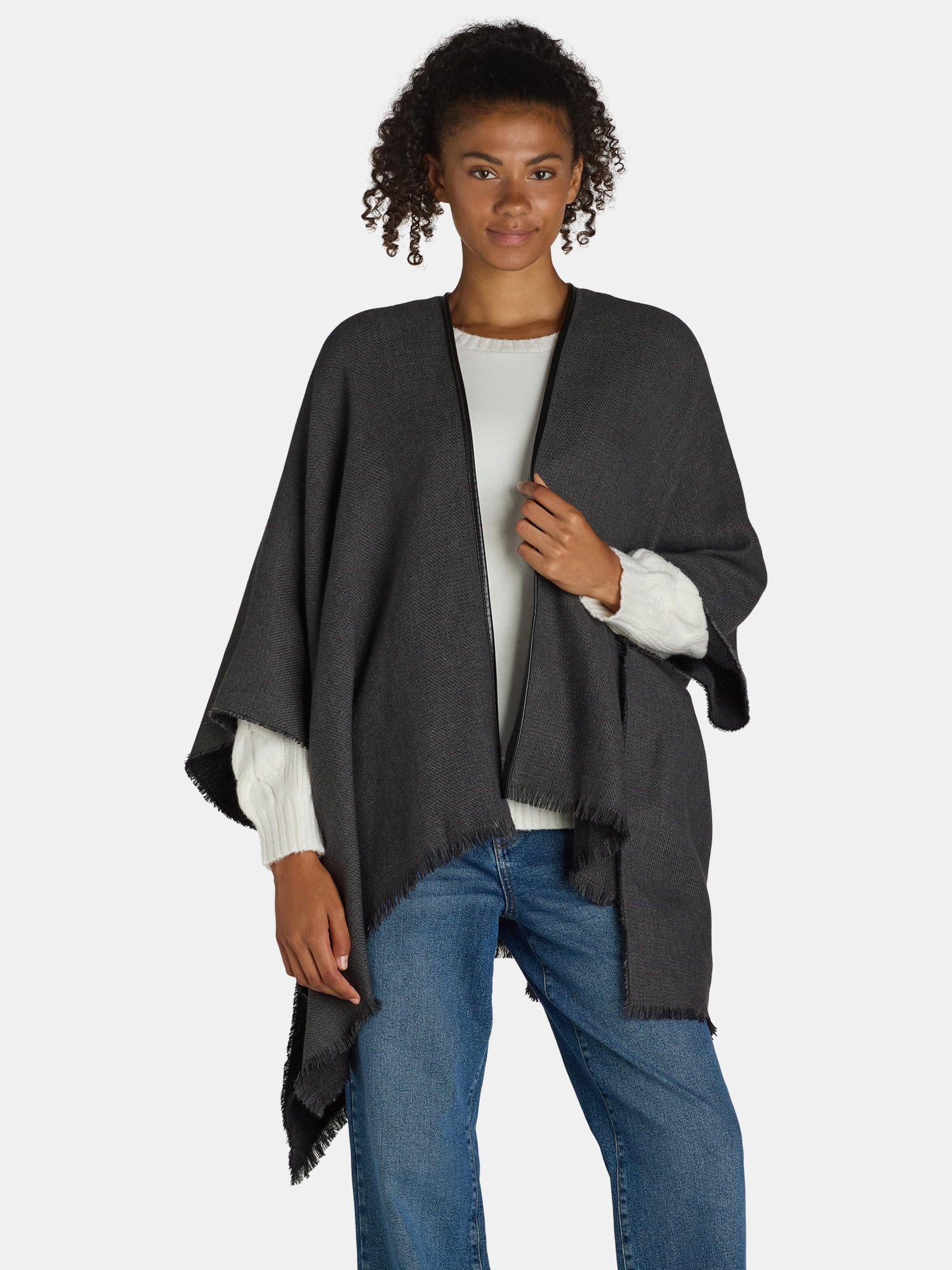 Time and Tru Reversible Ruana with Faux Leather Trim, One Size Fits ...