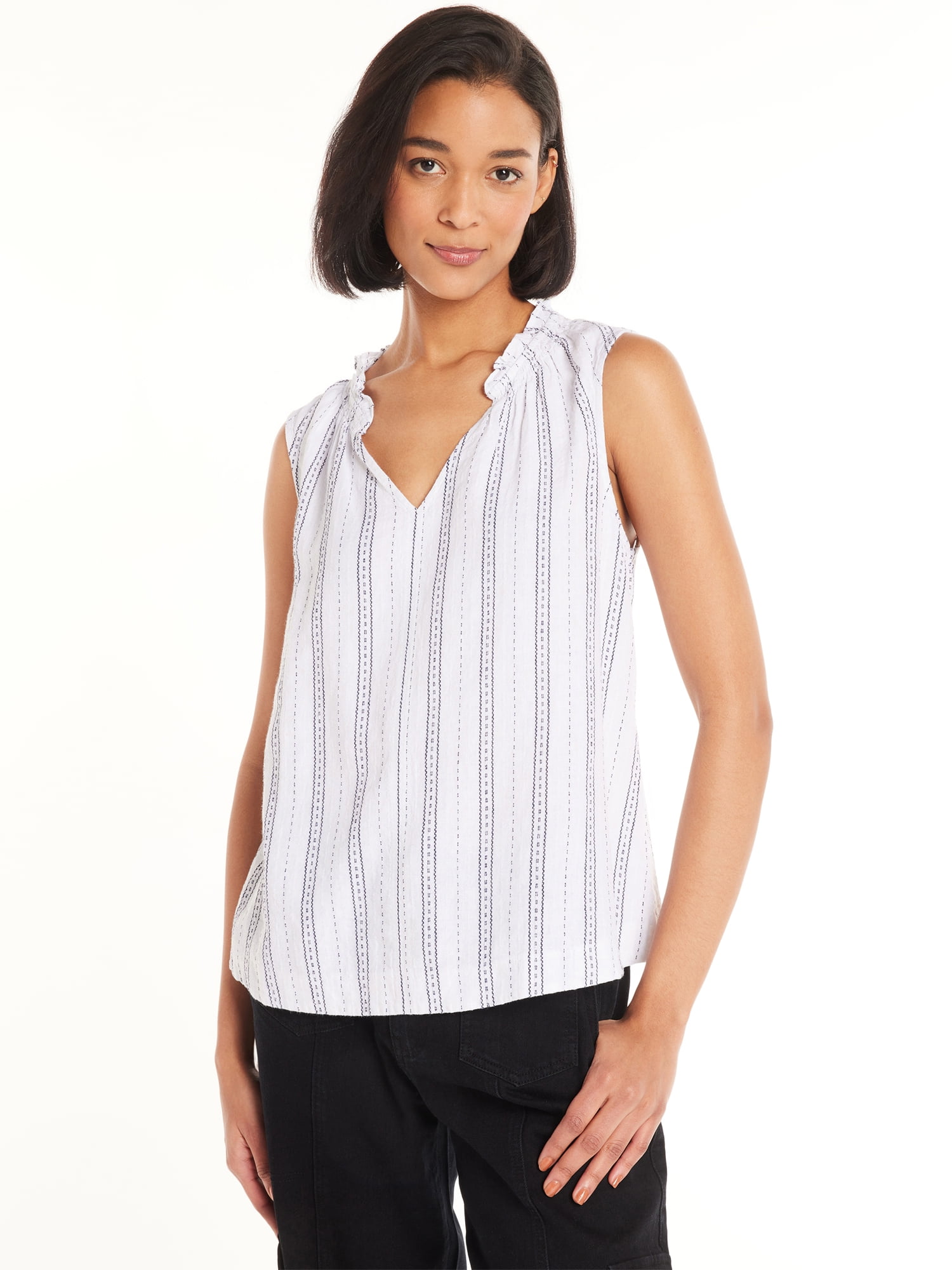 Time and Tru Ruffle Neck Linen Blend Top - XS-XXXL Sizes - Walmart.com