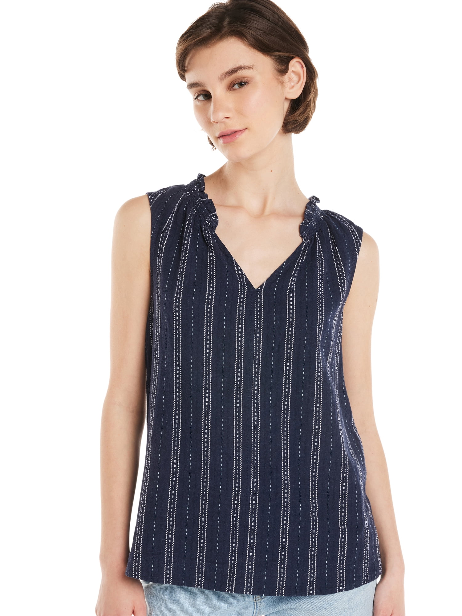 Time & Tru Ruffle Neck Linen Blend Top - XS to XXXL - Lightweight A ...