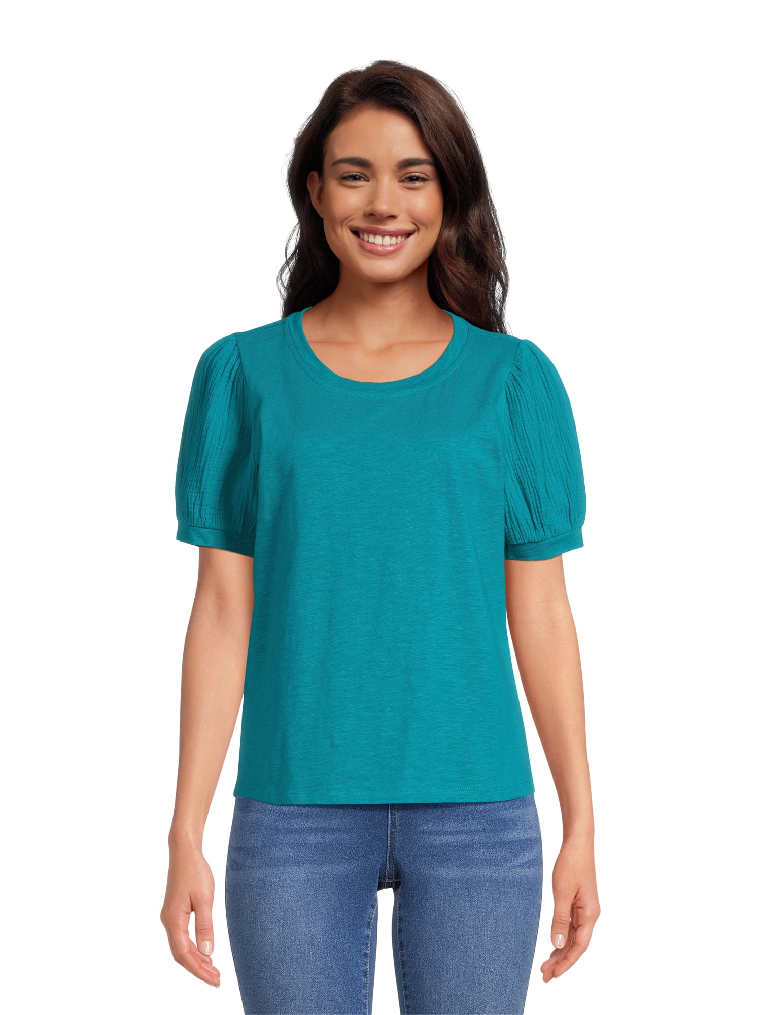 Time and Tru Short Puff Sleeves Scoop Neck Cotton, Pullover Tops (Women ...