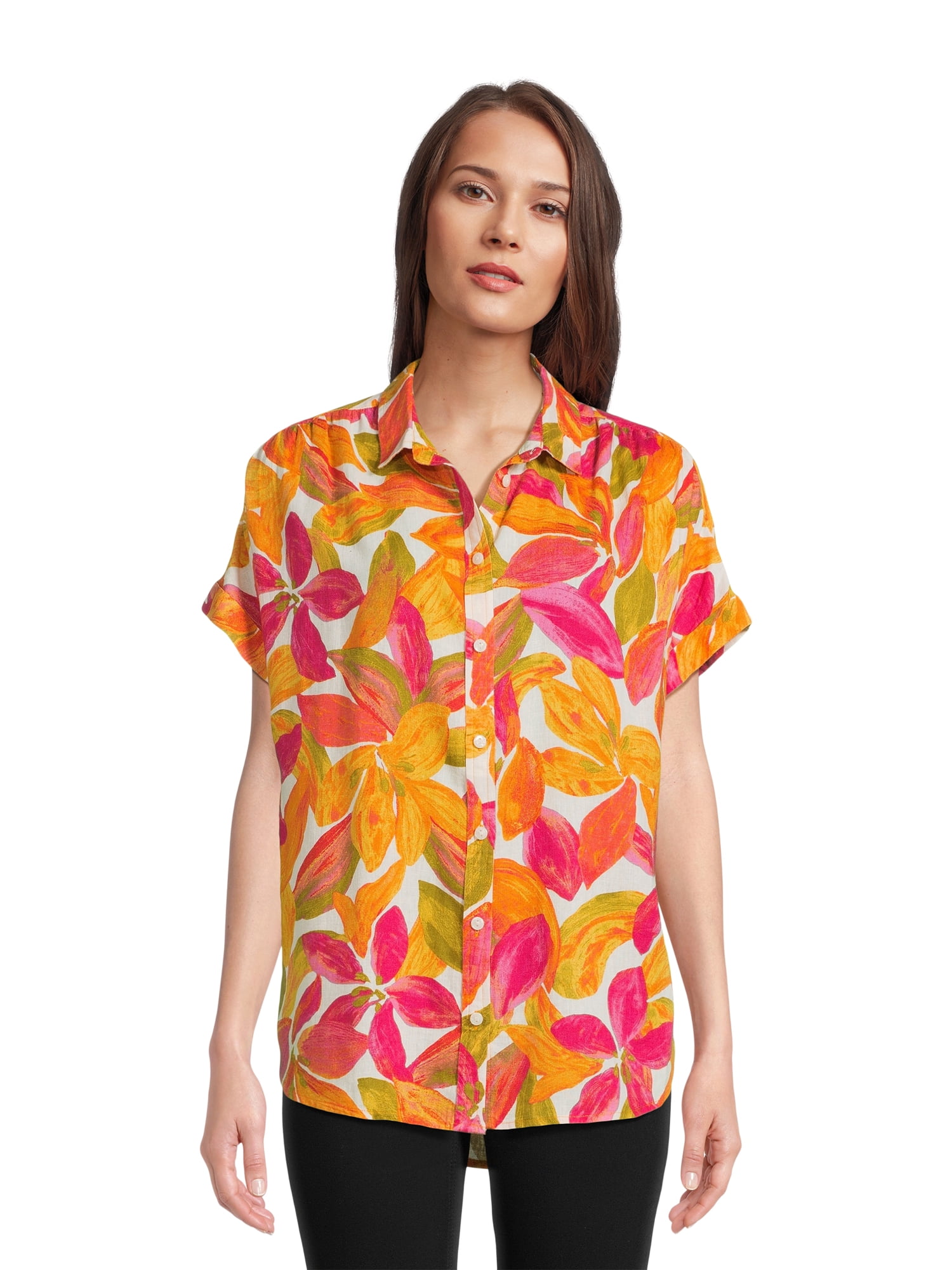 Time and Tru Cuff Button-Down Shirt - women's Lyocell Top - Walmart.com
