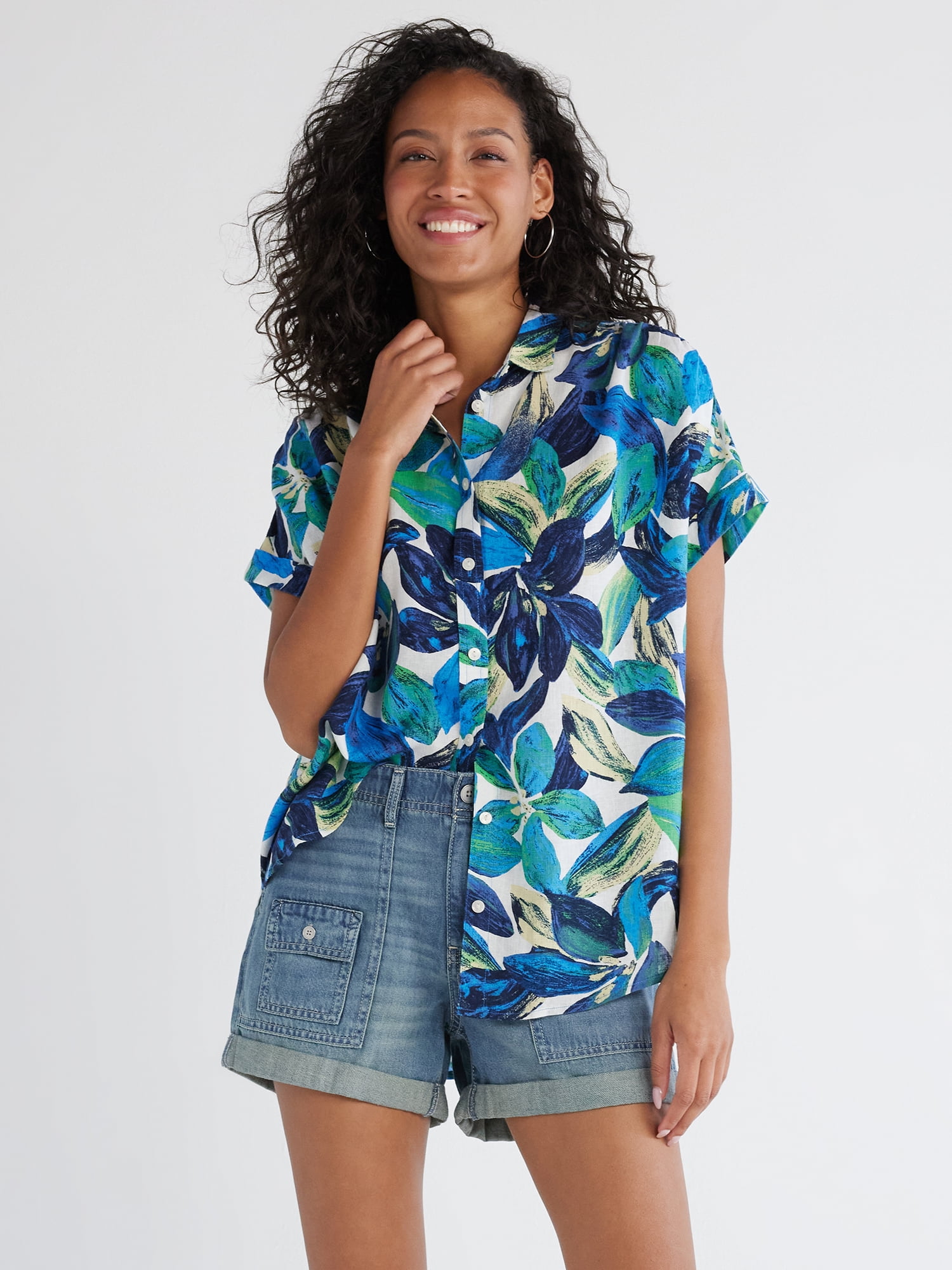 Time and Tru Cuff Shirt - women's Short Sleeve Lyocell Top - Walmart.com