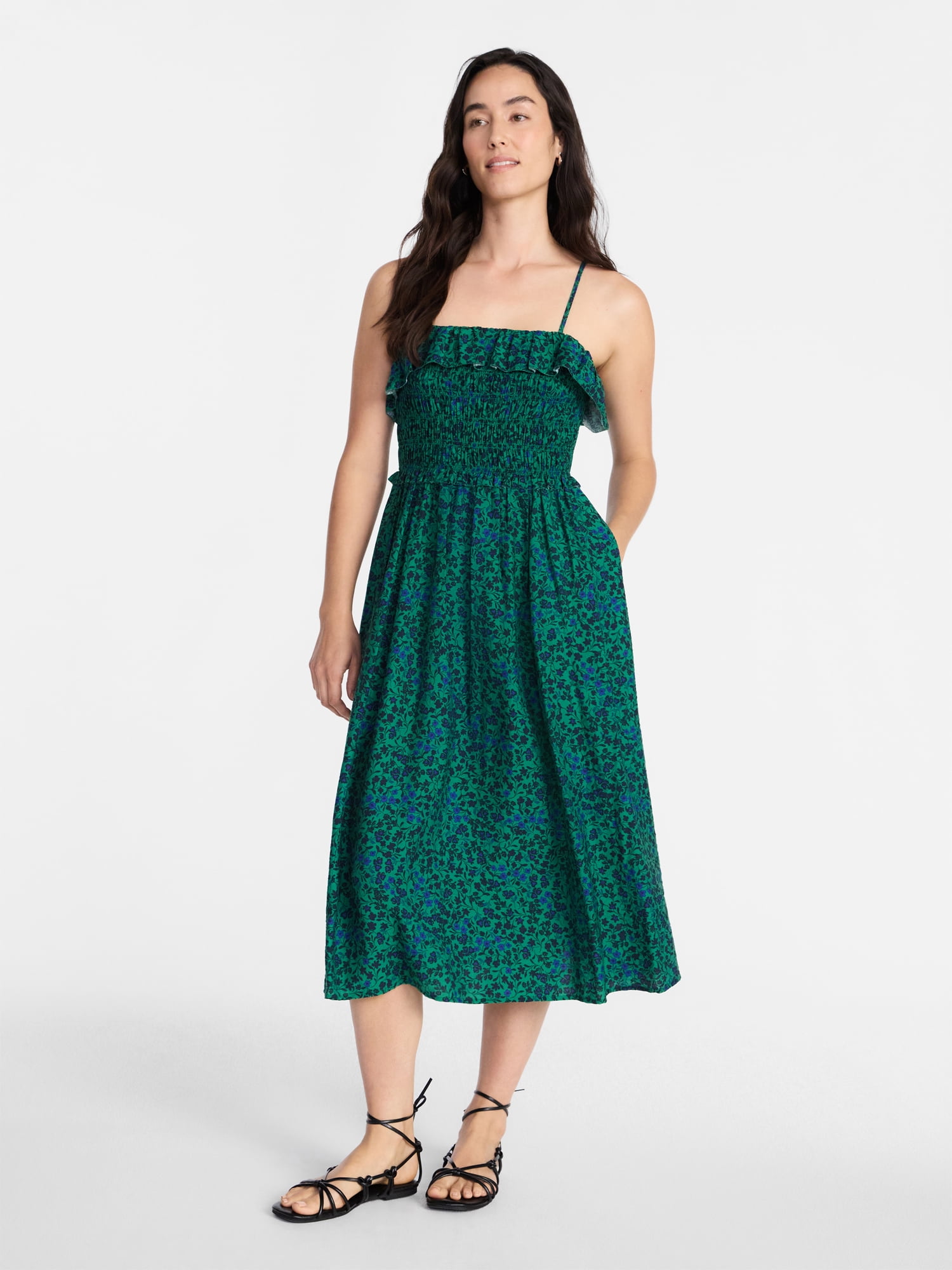 Time and Tru Women's Sleeveless Smocked Midi Dress, Sizes XS-XXXL ...