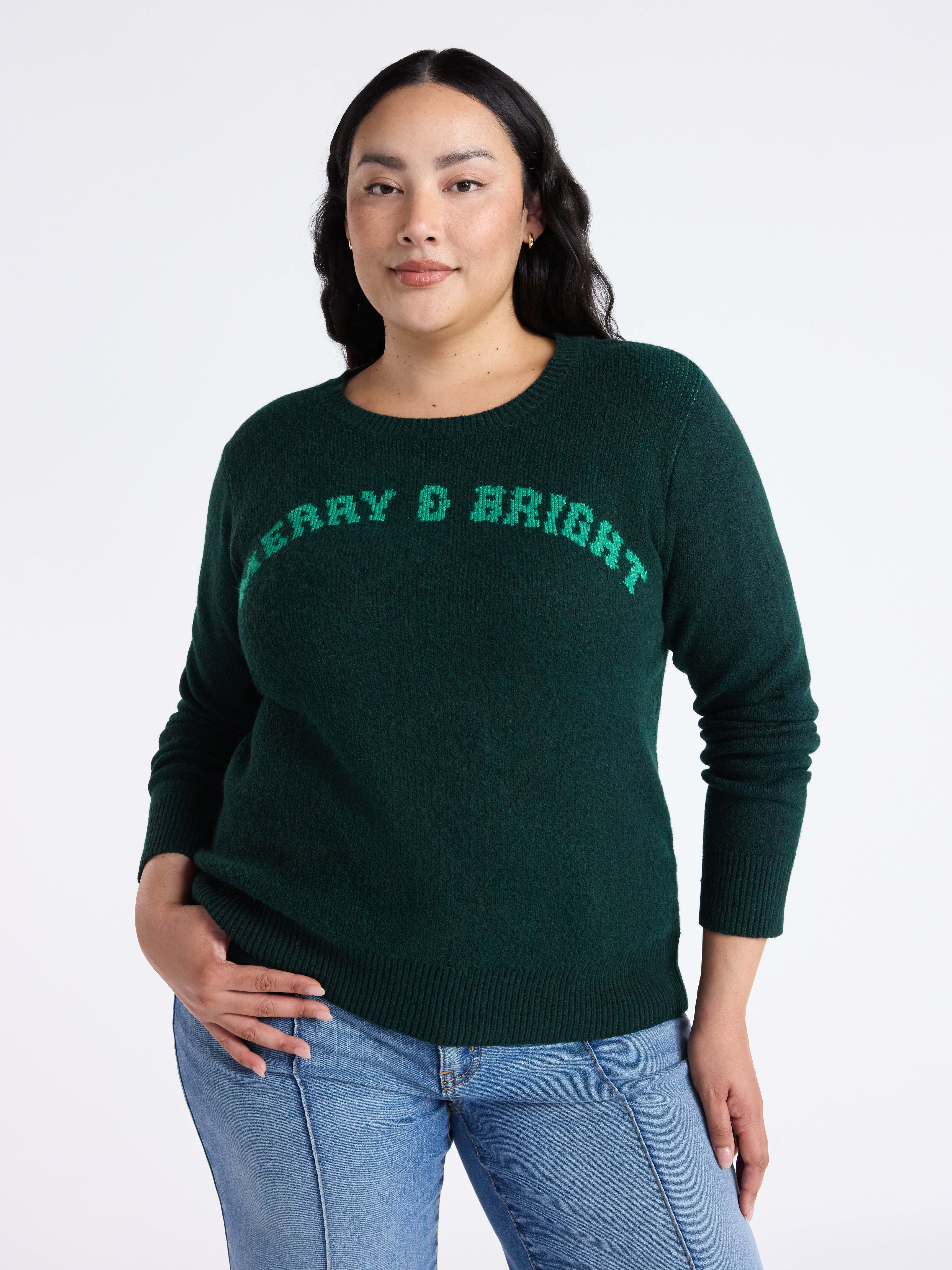 Time and Tru Women's and Women's Plus Holiday Talking Sweater with Long ...