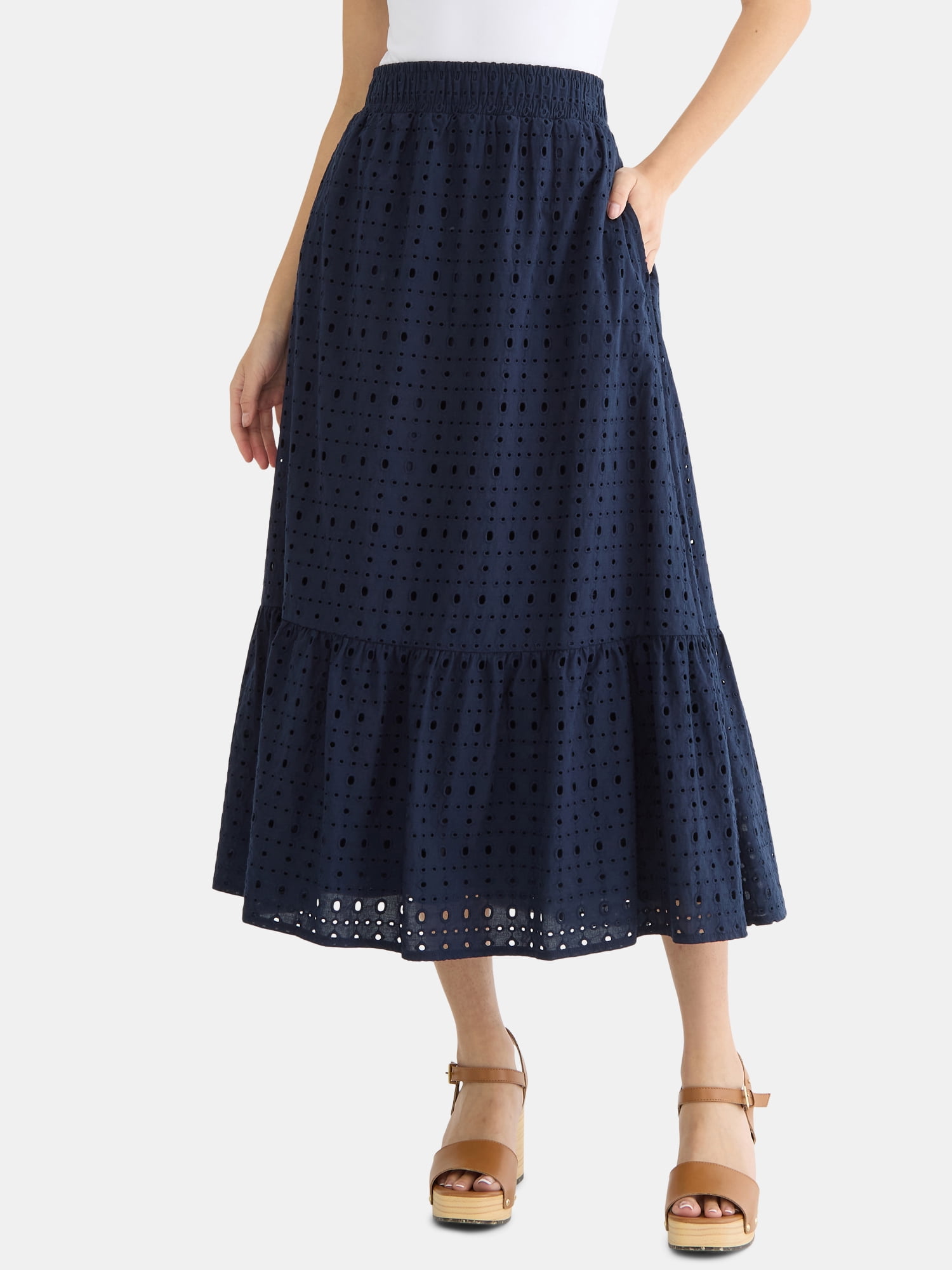 Time & Tru Women's Cotton Eyelet Tiered Midi Skirt with Elastic ...