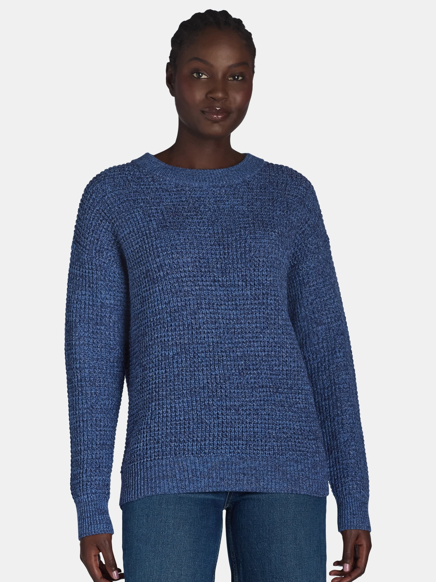 Time and Tru Woman's Waffle Stitch Sweater with Long Sleeves, Midweight ...