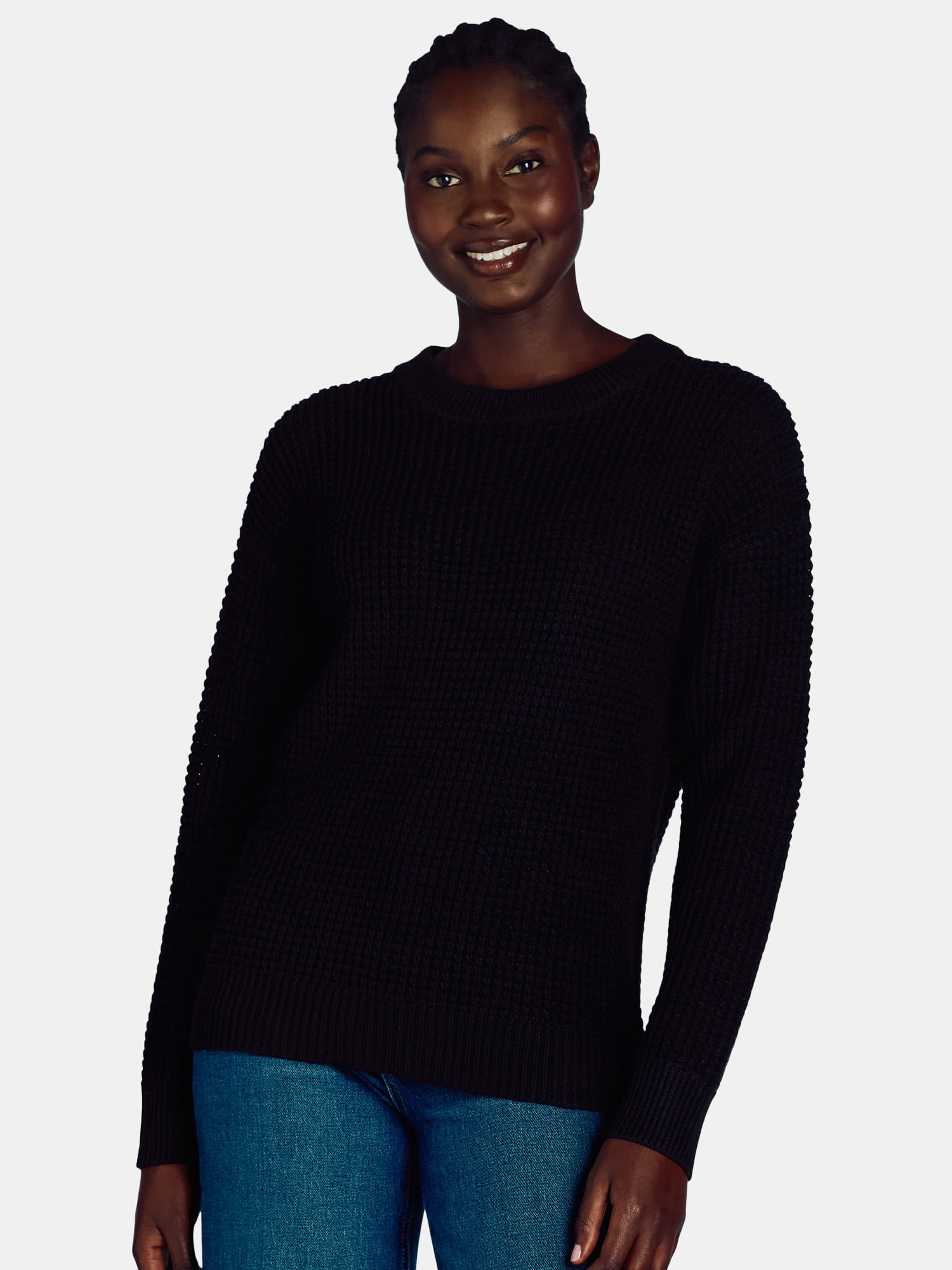Time and Tru Woman's Waffle Stitch Sweater with Long Sleeves, Midweight ...