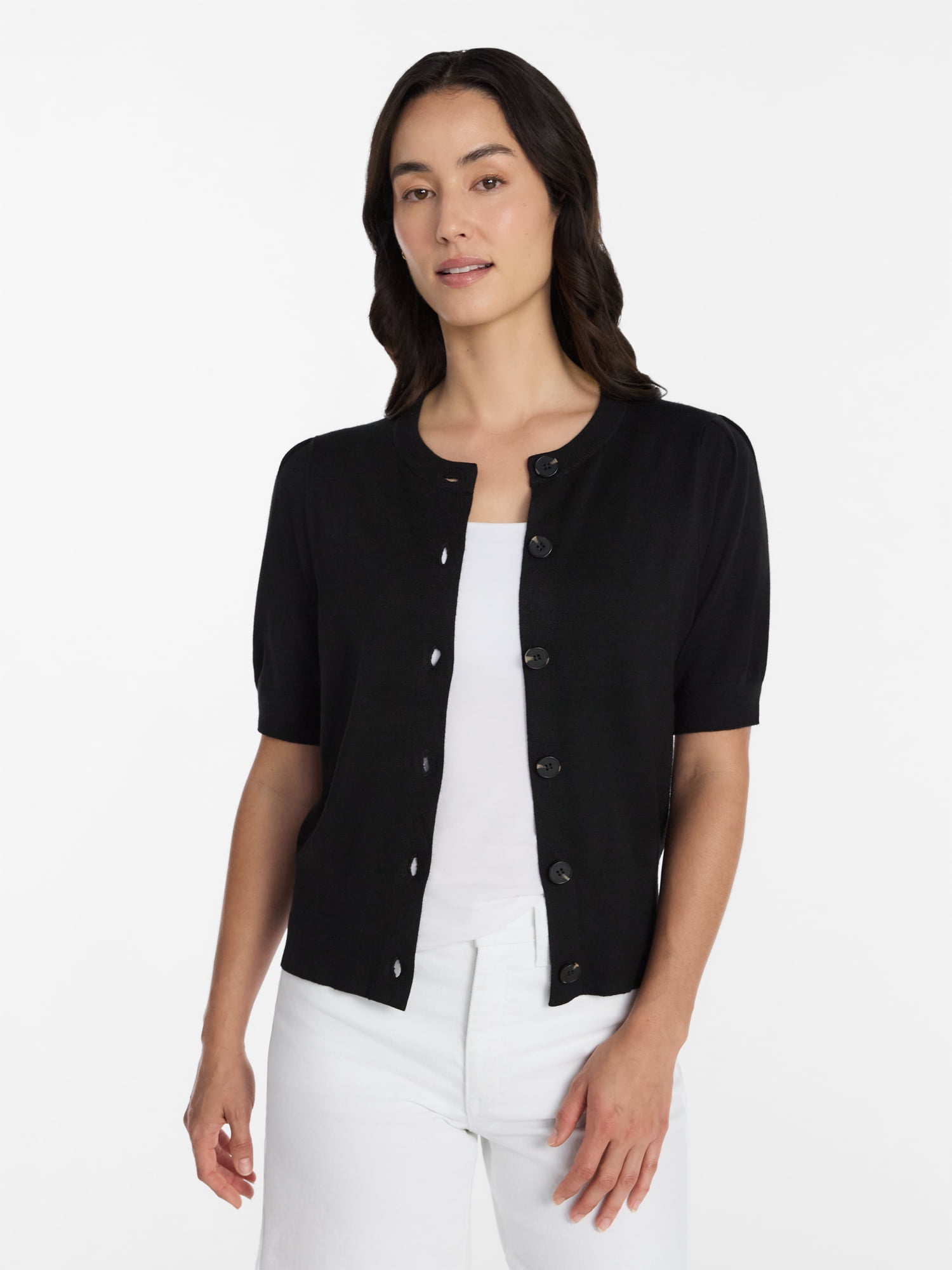 Time and Tru Women's Crewneck Cardigan with Short Sleeves, Lightweight ...