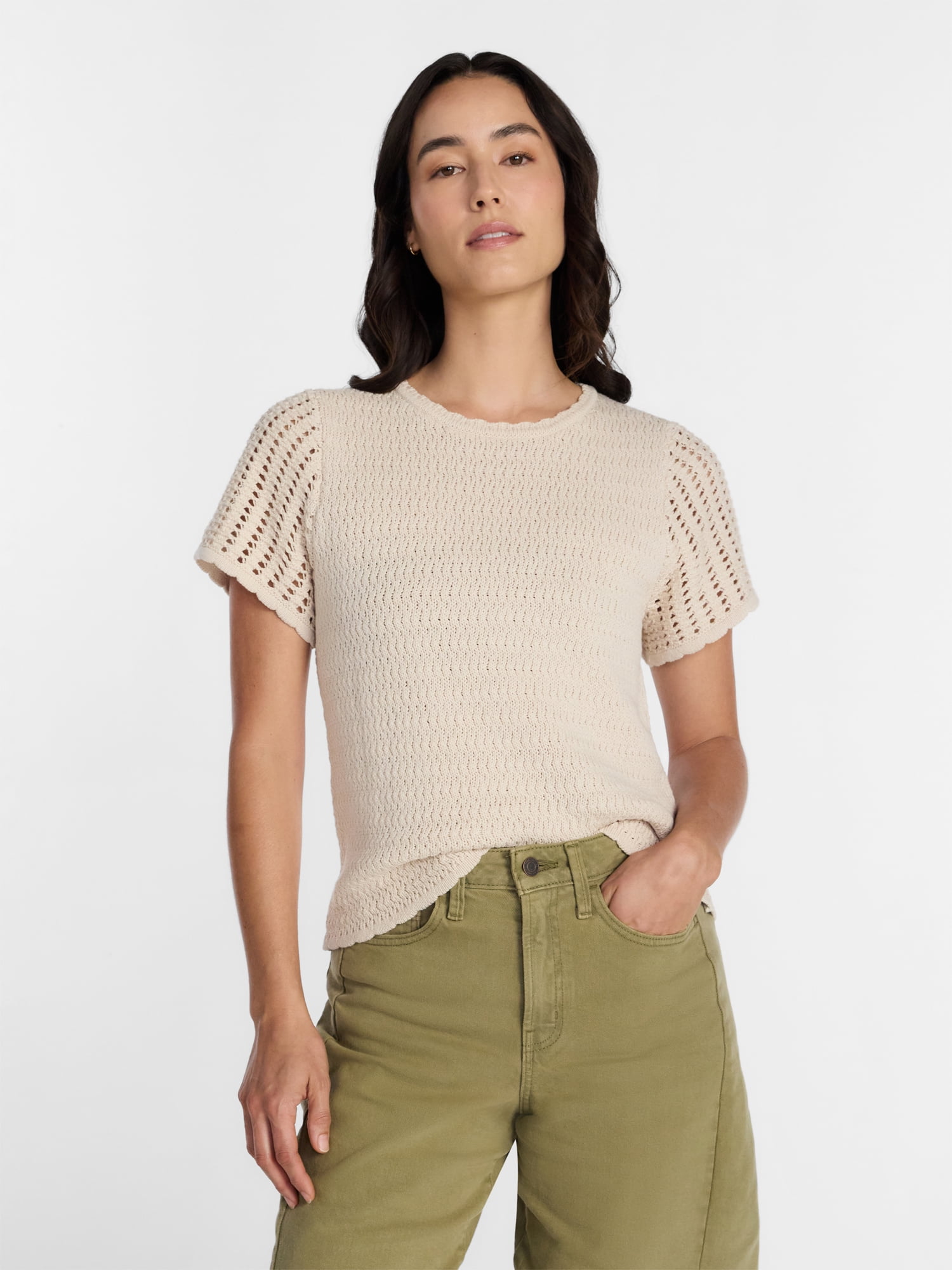 Time and Tru Women's Textured Crewneck Sweater with Short Sleeves ...