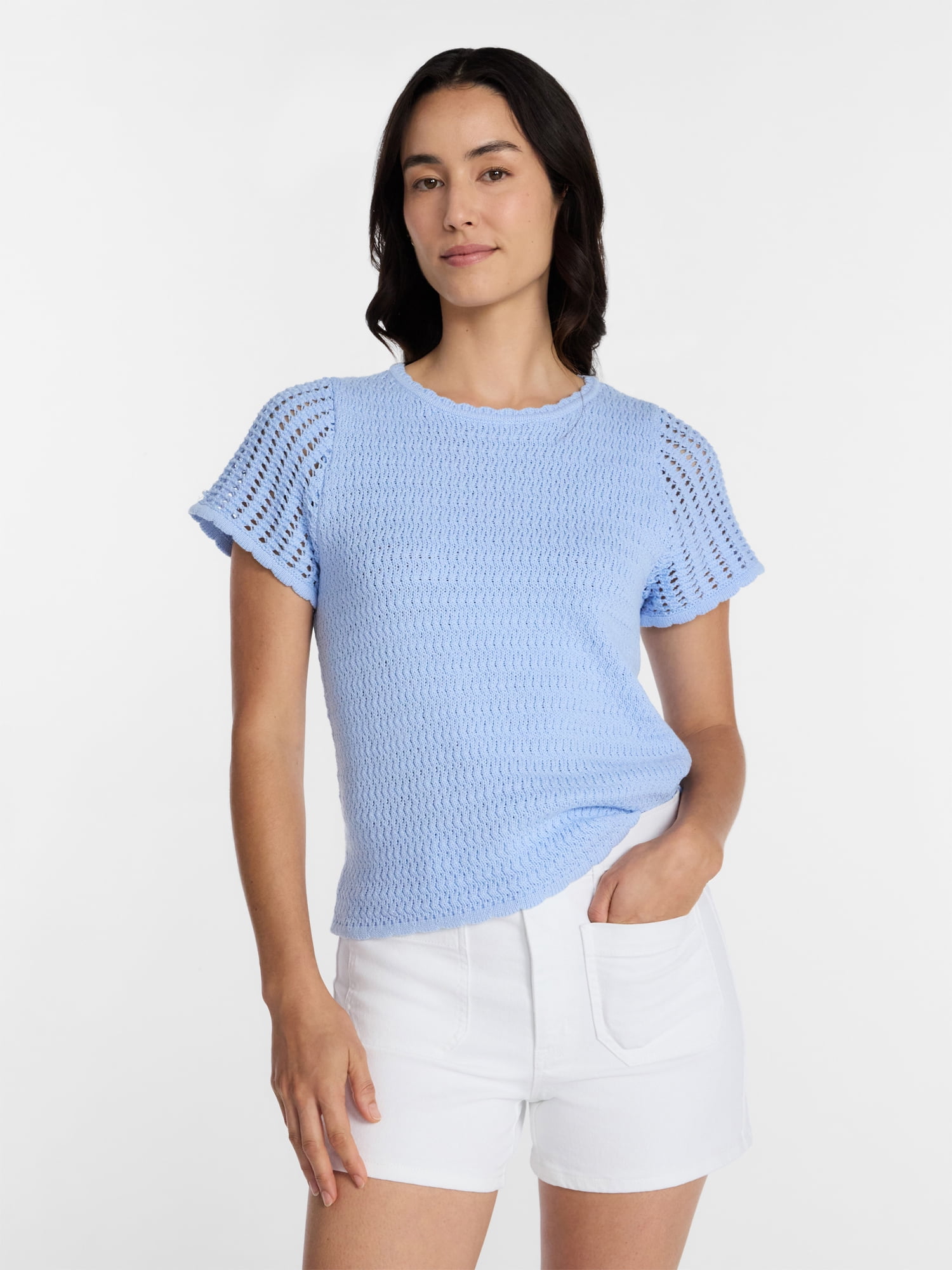 Time and Tru Women's Textured Crewneck Sweater with Short Sleeves ...