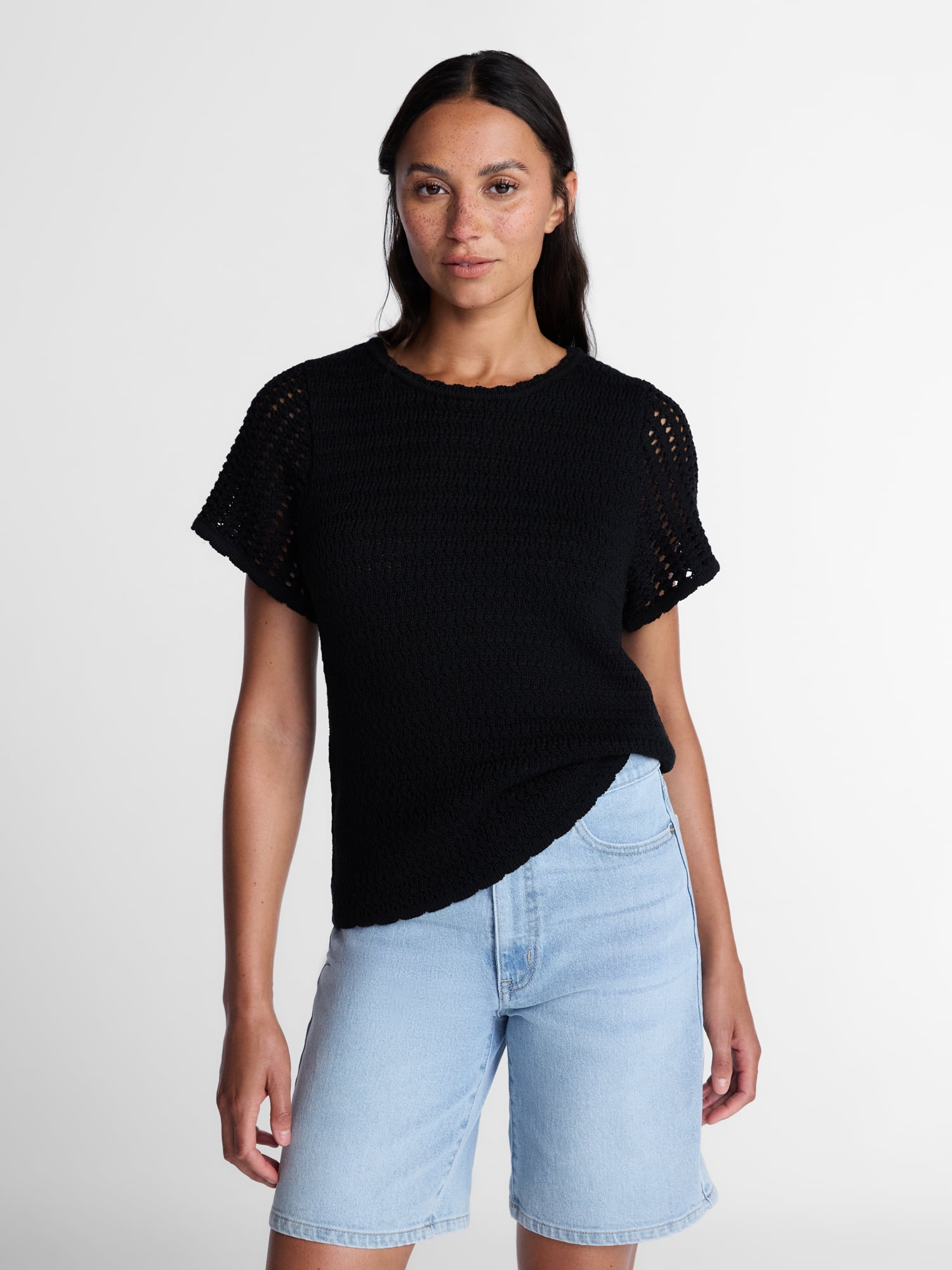 Time and Tru Women's Textured Crewneck Sweater with Short Sleeves ...