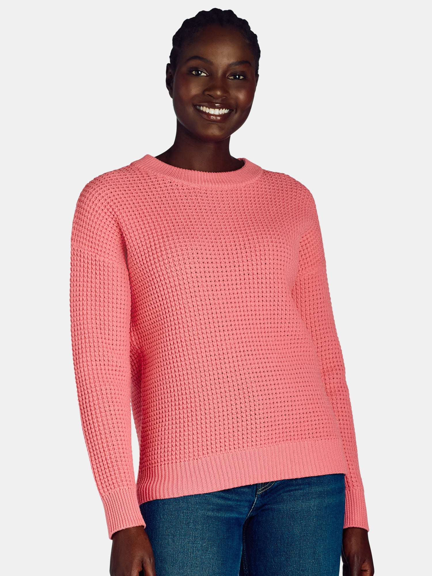 Time and Tru Woman's Waffle Stitch Sweater with Long Sleeves, Midweight ...