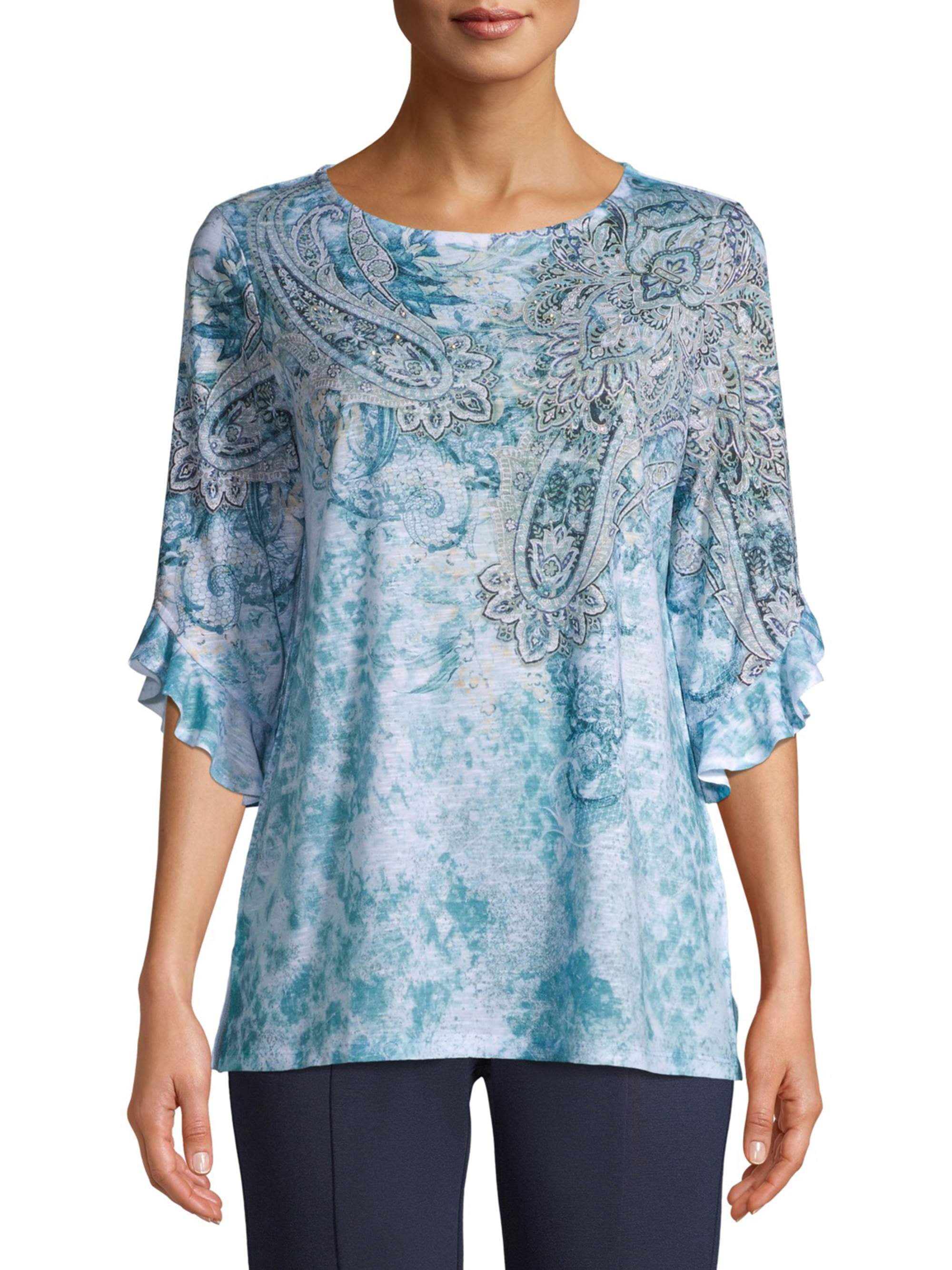 Time and Tru Women's 3/4 Ruffle Sleeve Sublimation Top - Walmart.com