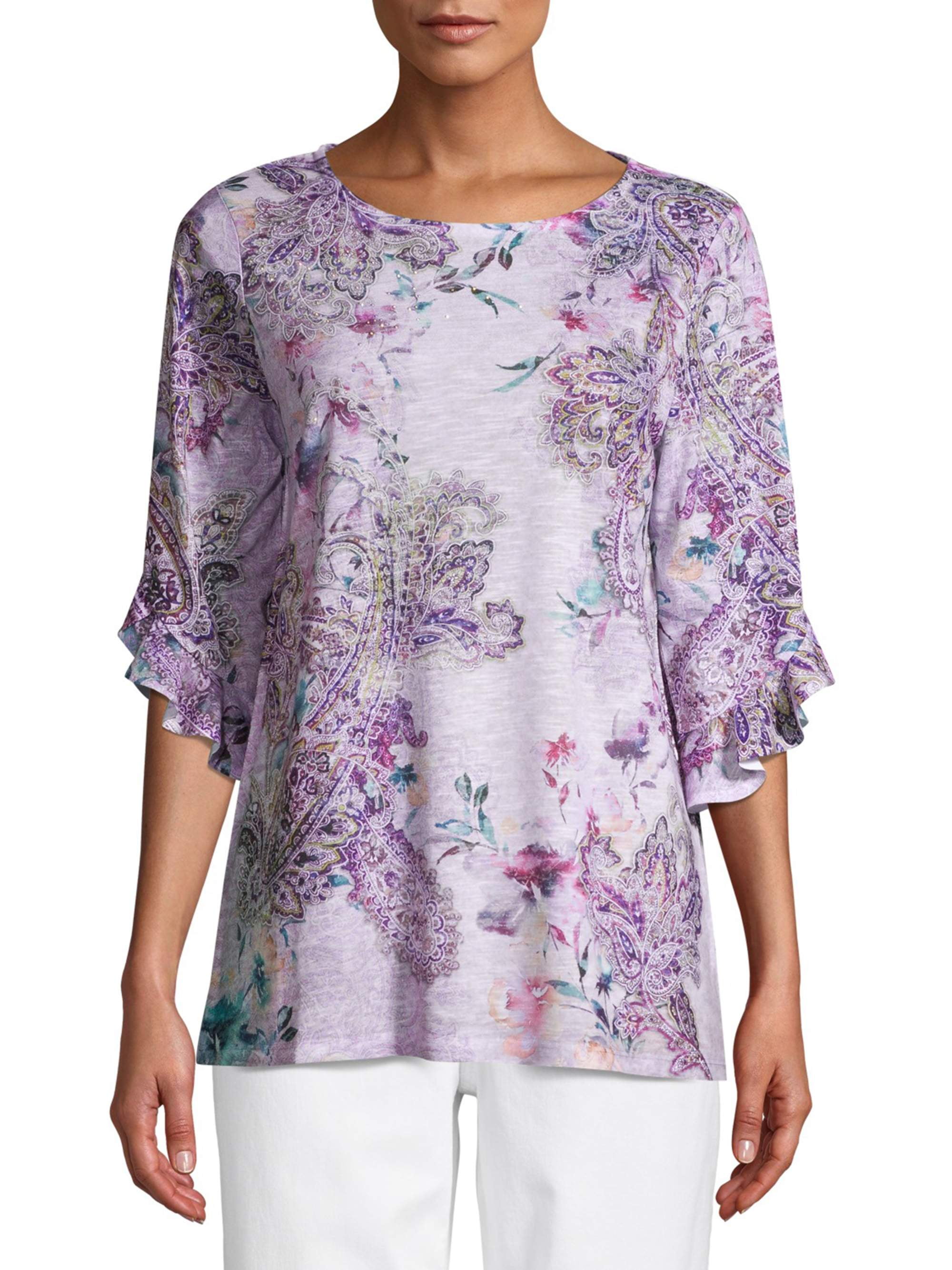 Time and Tru Women's 3/4 Sleeve Scoop Neck Top with Rhinestones ...