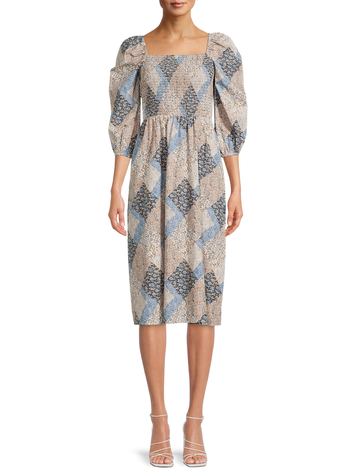Time and Tru Women's 3/4 Sleeve Smocked Midi Dress - Walmart.com