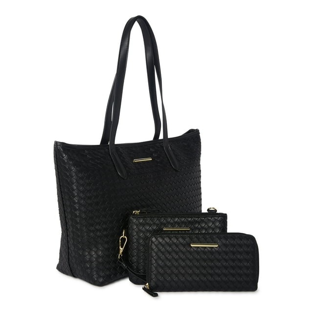 Time and Tru Women's 3-Piece Handbag Set Woven Black - Walmart.com