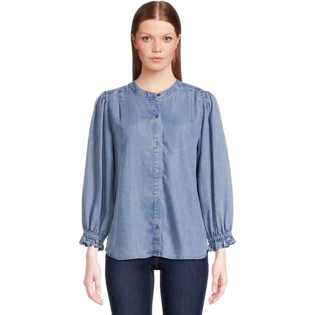 Time and Tru Women’s Acid-Washed Top with Puff Sleeves, Sizes XS-3XL ...